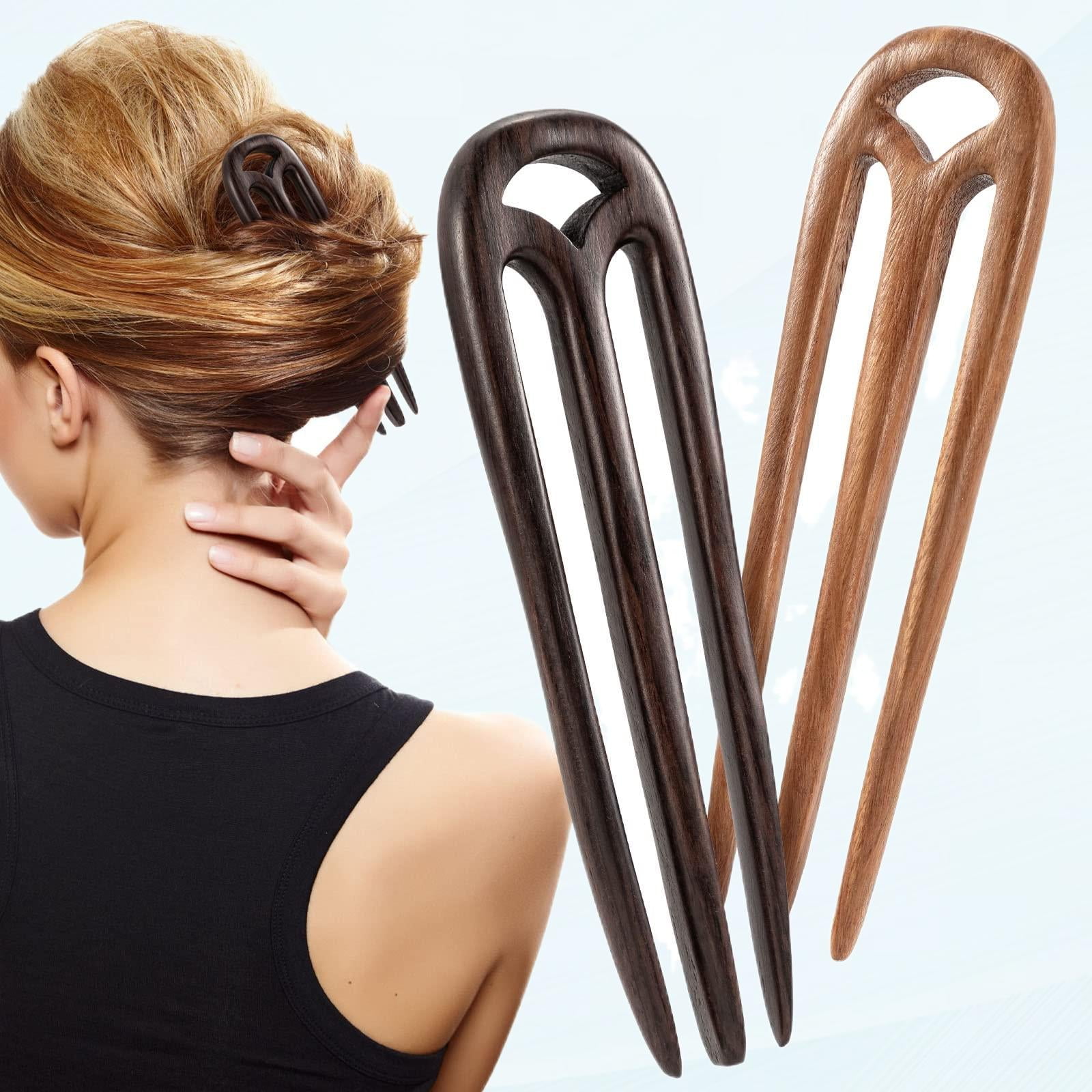2PCS Wooden 3-Prong Hair Forks, Handmade Carved Ebony Sandalwood Retro ...