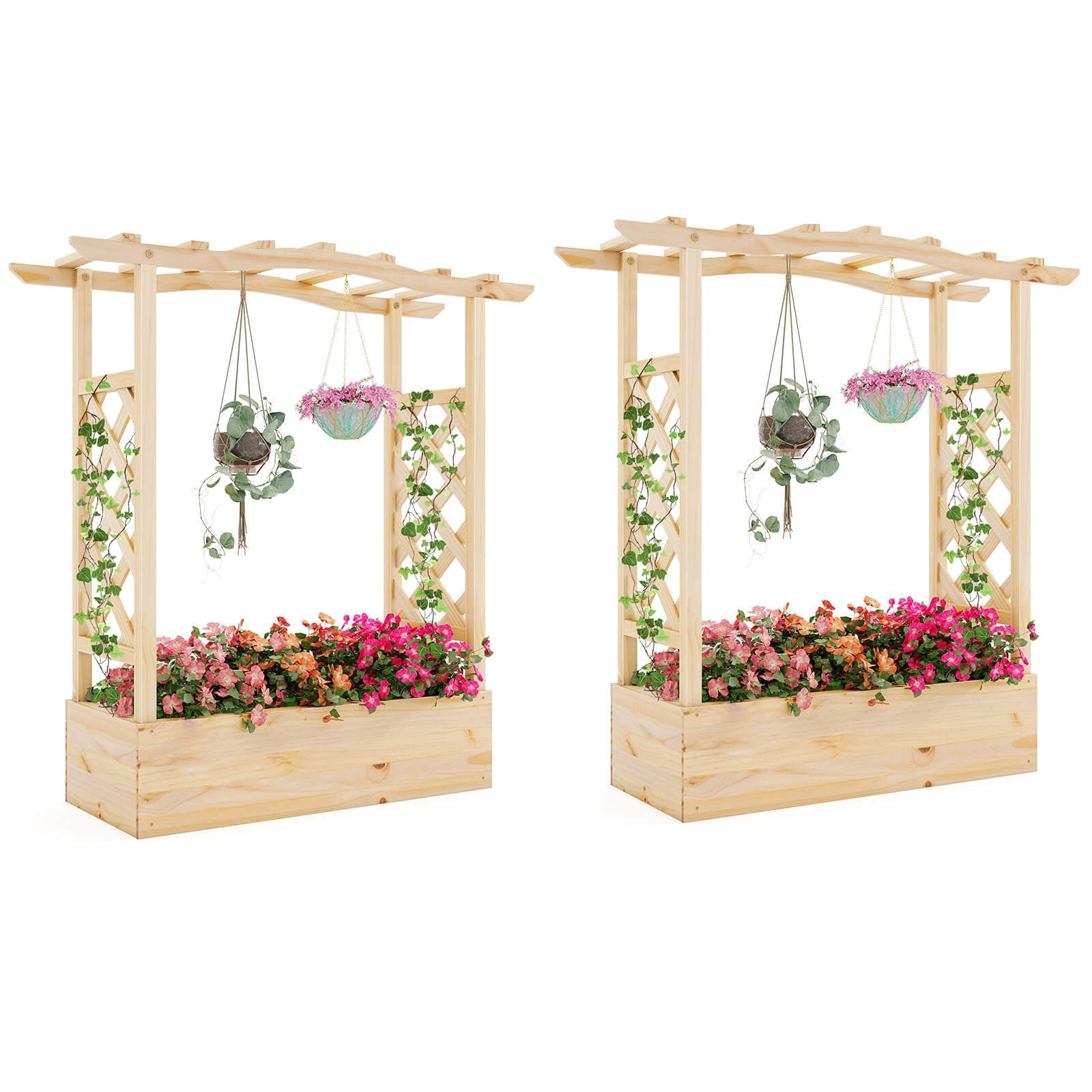 2PCS Wooden Raised Garden Bed w/ Trellis and Hanging Roof Planter Box ...