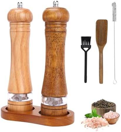2PCS Wooden Salt and Pepper Grinder Set with Wood Tray and Spoon, 8 ...