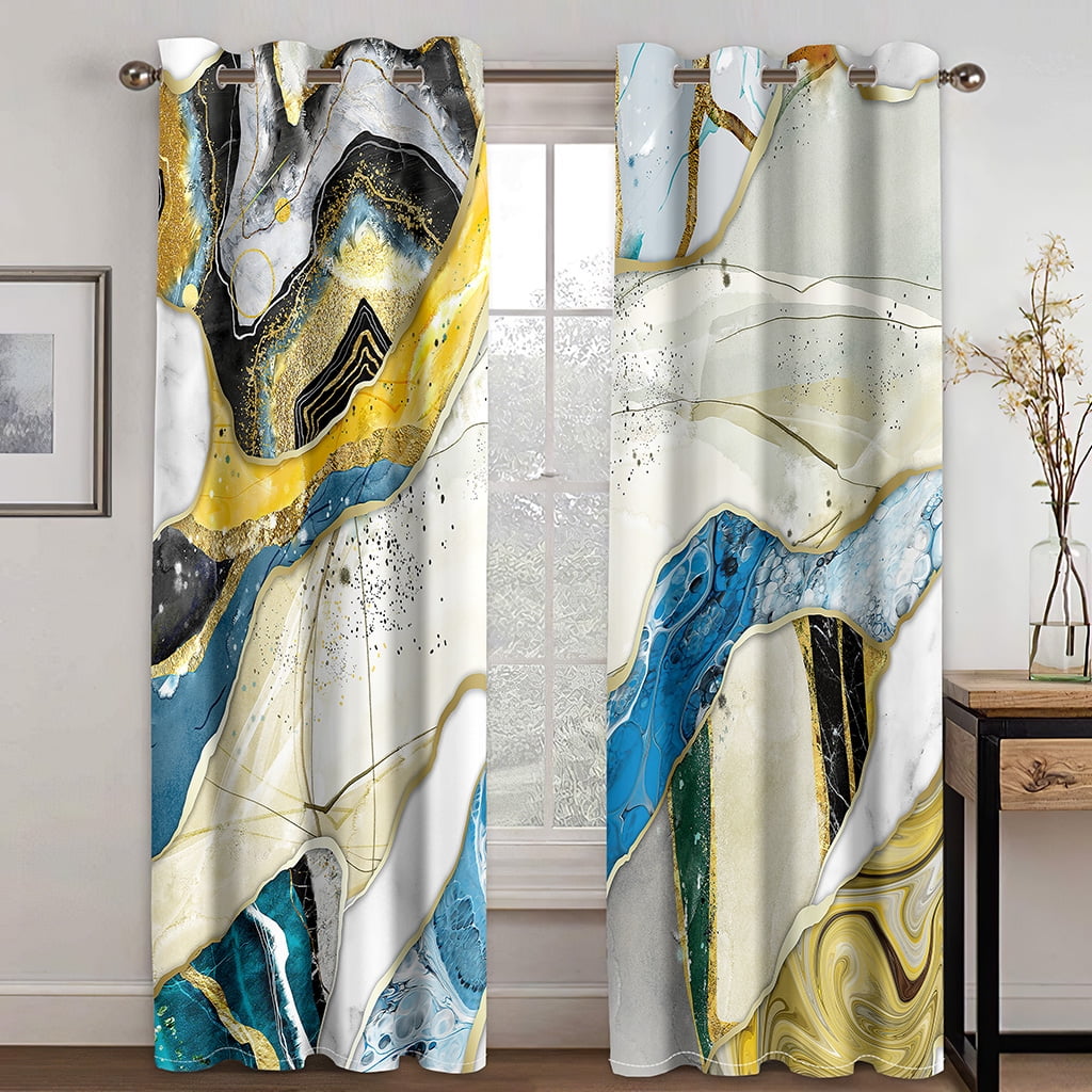 2PCS Yellow Blue Gray Gold Rim Marble Texture Printed Curtains for ...