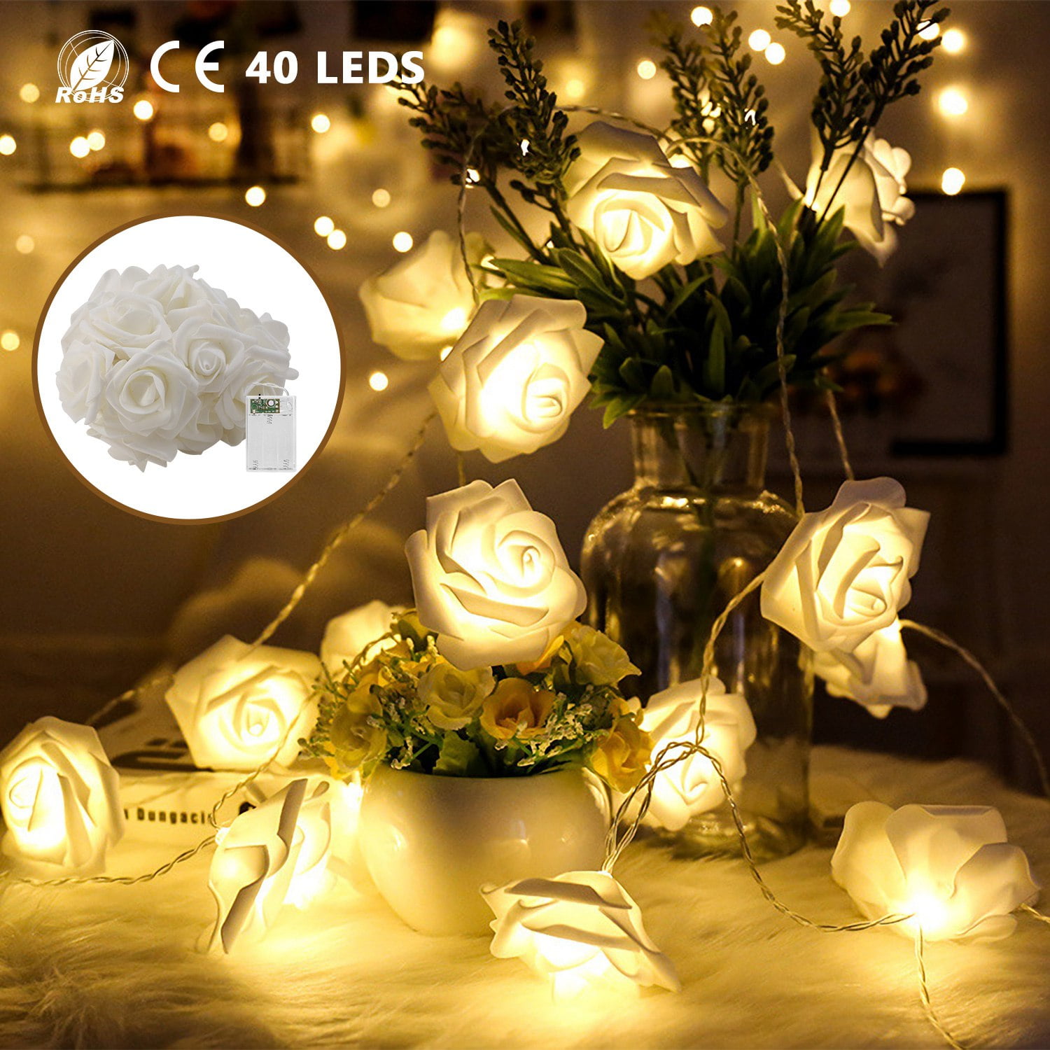 2PCS TeqHome 10ft/3m 40LED White Rose Flower String Lights Rose Flower ...