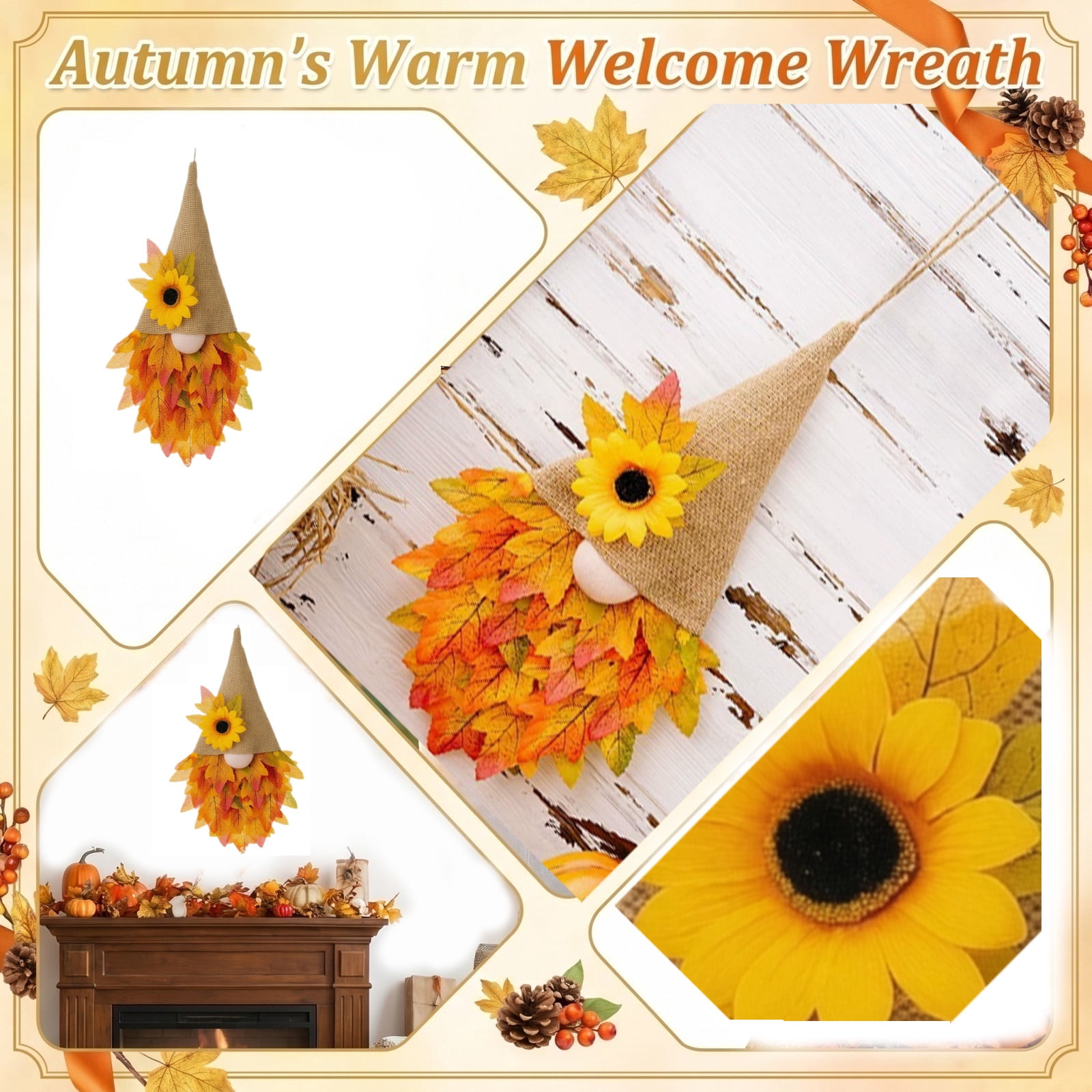 2PCS inch Fall Wreaths Front Door GnomeMaples Leaf Wreath Thanksgiving ...