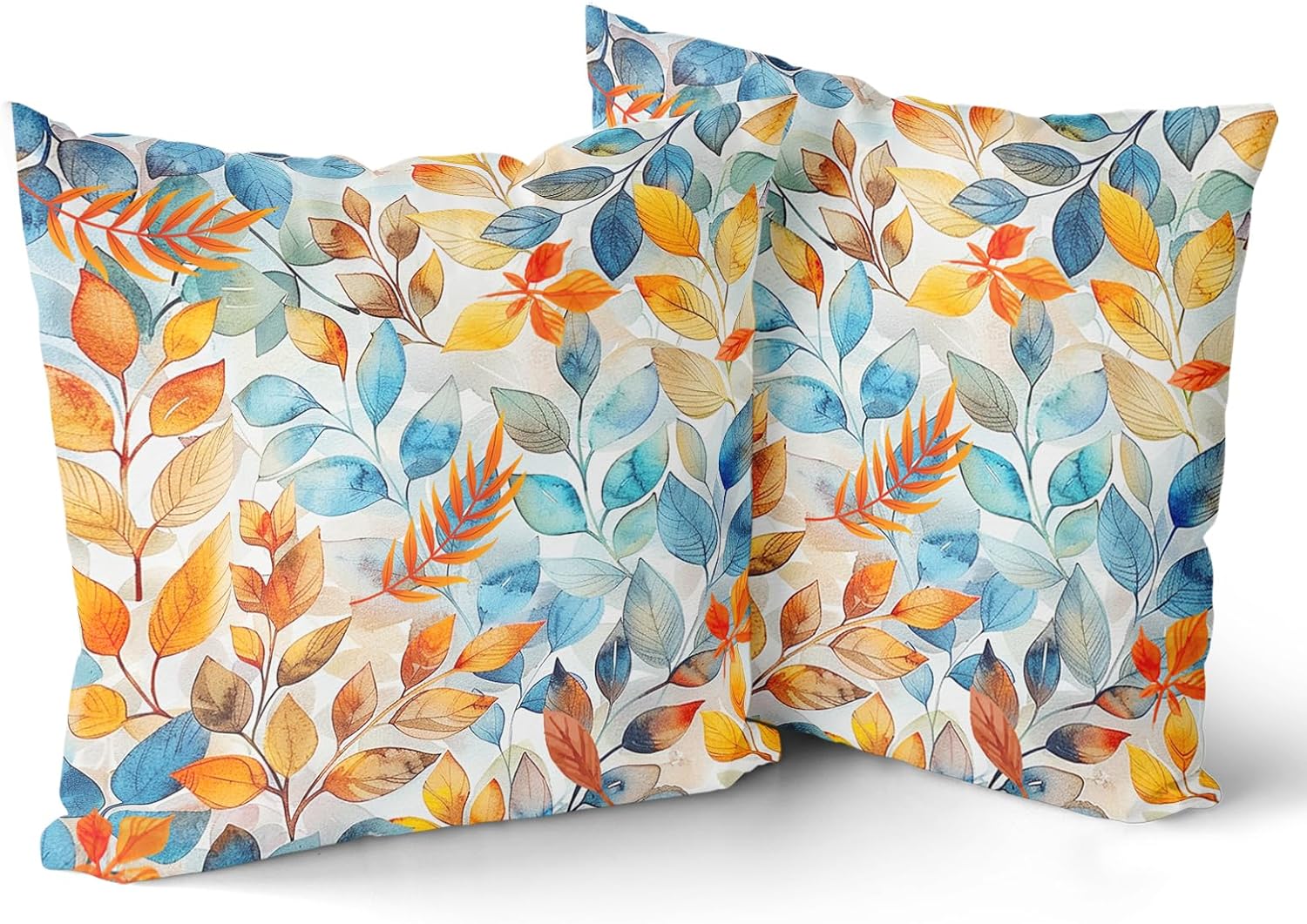 2PCs Fall Leaf Pillow Covers 18x18Inch Watercolor Autumn Orange Teal ...
