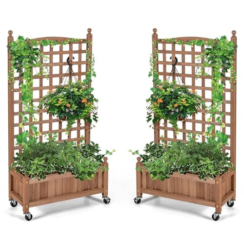 2PCs Mobile Planter with Trellis, 50”H Planter Box with Lattice Trellis ...
