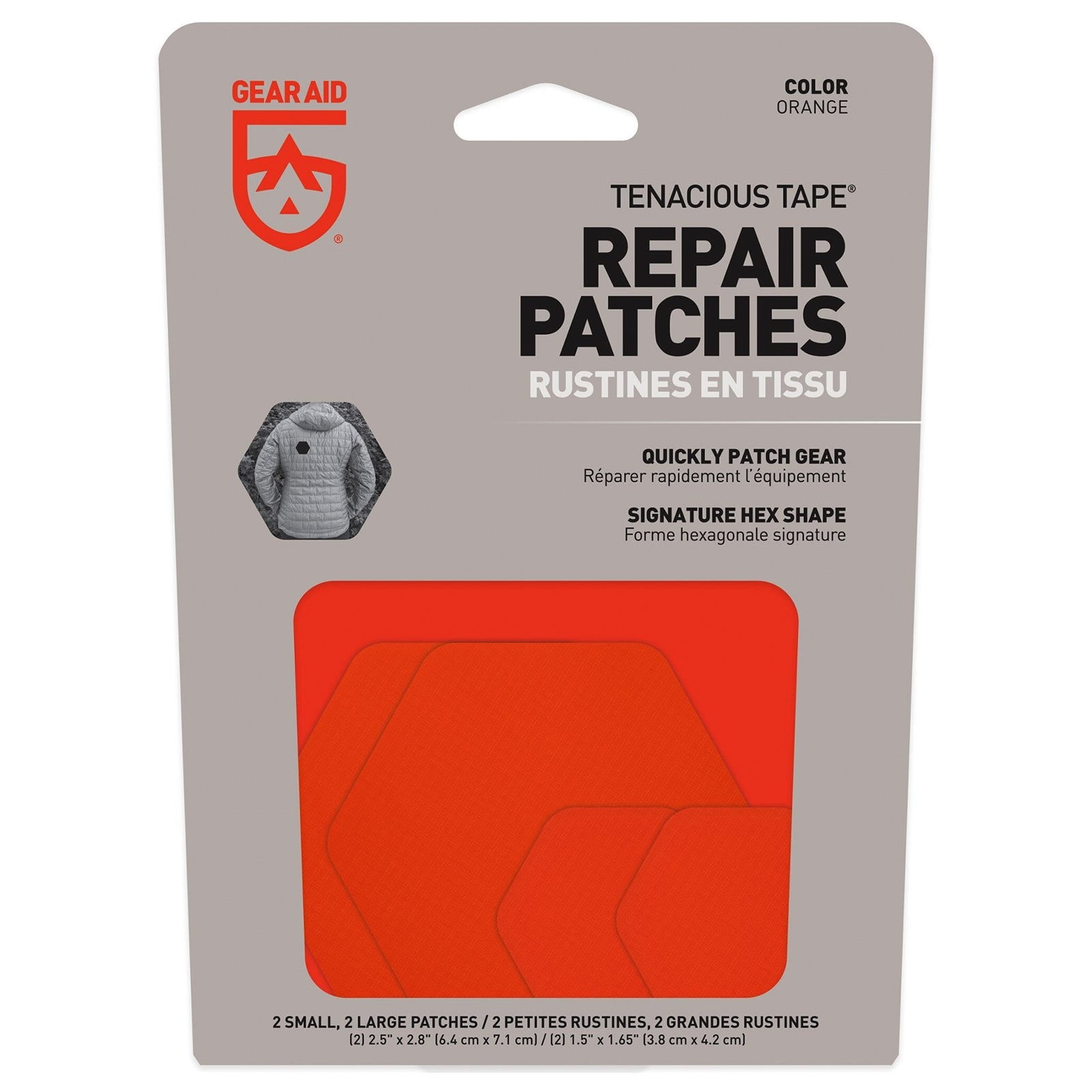 2PK GEAR AID Tenacious Tape Gear Repair Patches, ORANGE, 2.5” 1.5” Hex ...
