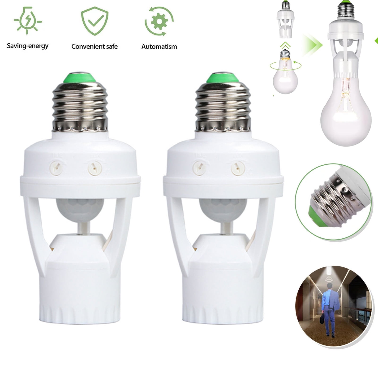 2Pack 100-240V/AC E27 LED Infrared Light Socket Motion Sensor lamp ...