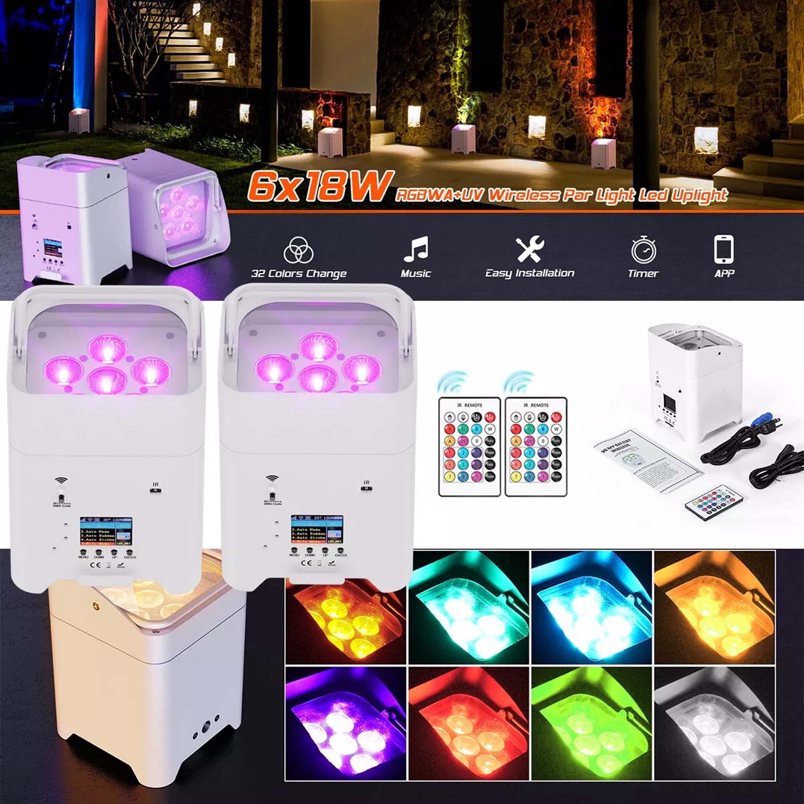 2Pack 108W Battery LED Par Spotlight Rechargeable RGBWA+UV WiFi/DMX/APP ...