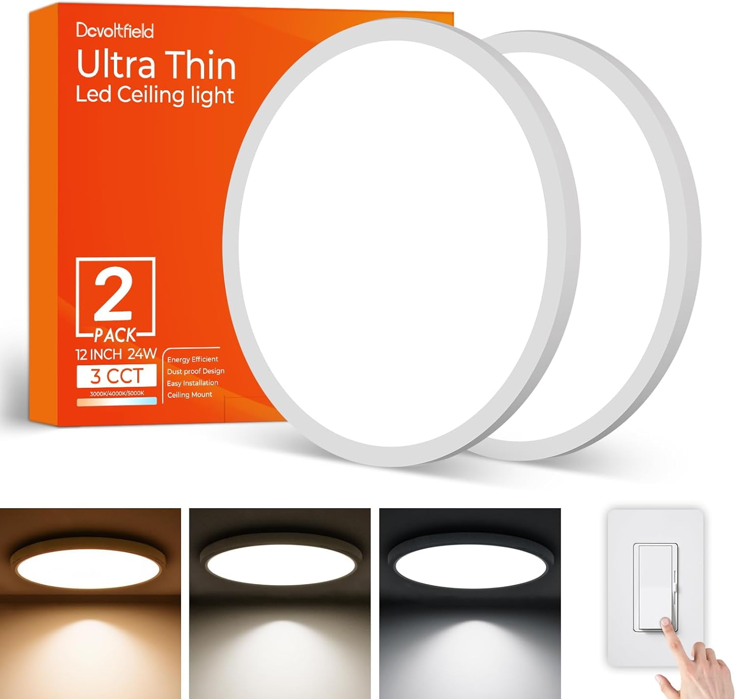 2Pack 12Inch LED Flush Mount Ceiling Light Fixture,24W 2400LM,Dimmable ...