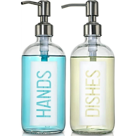 2Pack 18OZ Glass Soap Dispenser with Rustproof 304 Stainless Steel Pump ...