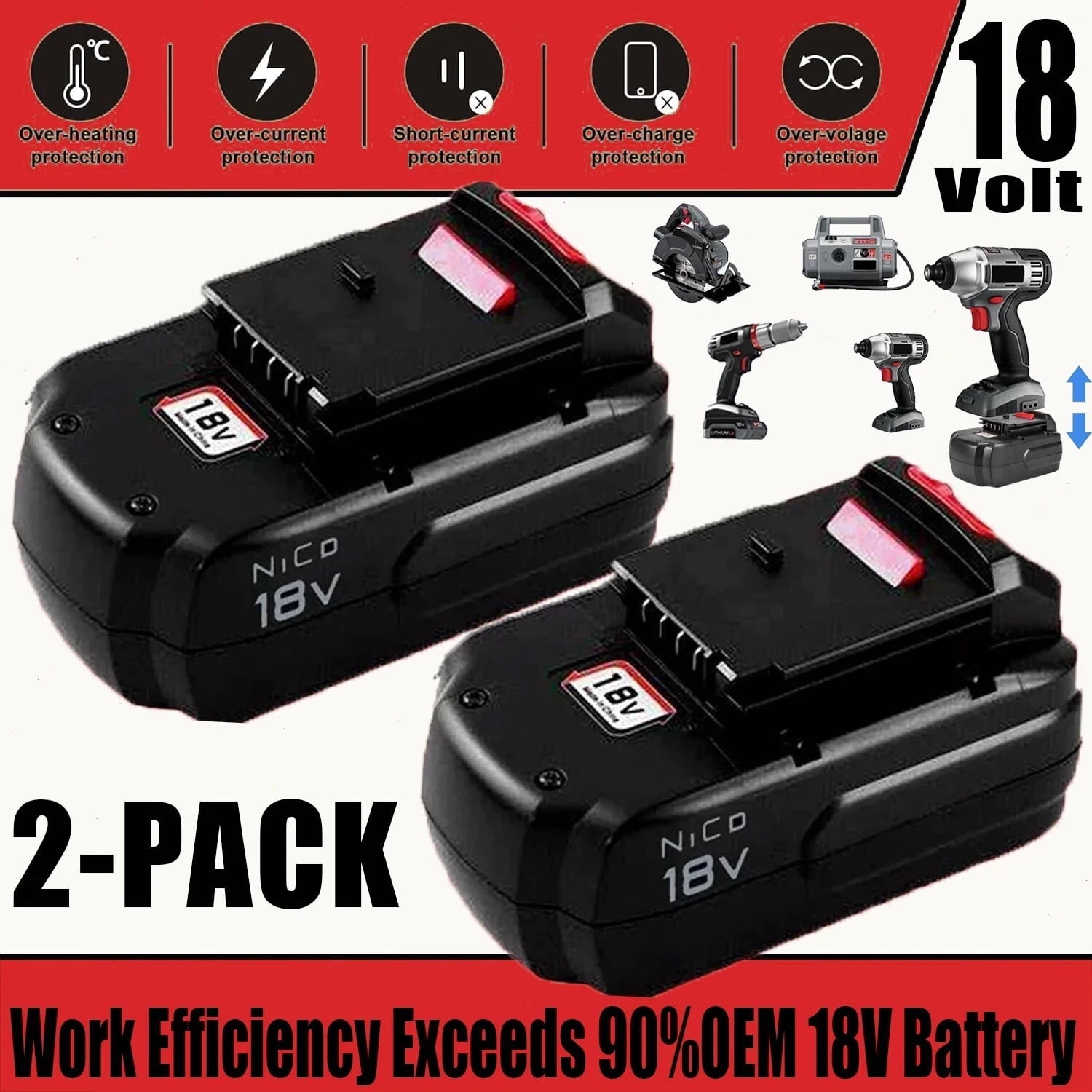 2Pack 18V 4.5Ah Replace Battery for Porter Cable PC18B 18-Volt Cordless ...