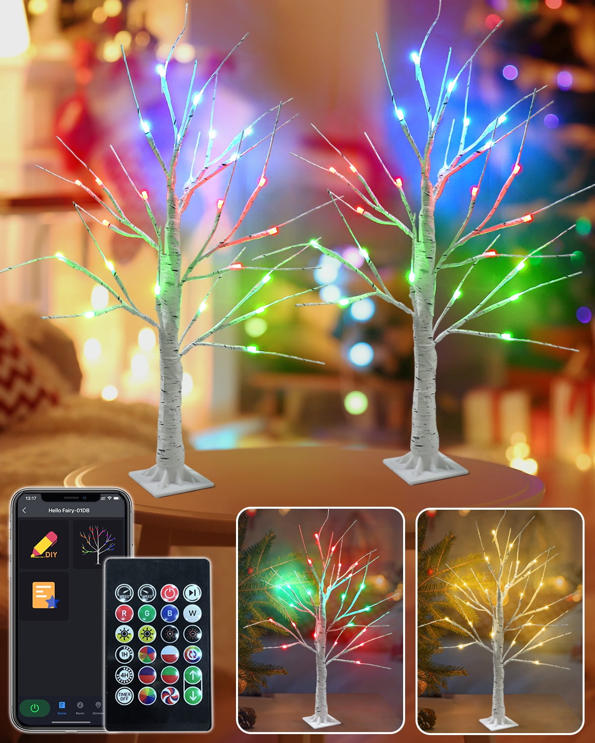 2Pack 2FT Smart Birch Tree Lights DIY Color Changing LED Twinkle Tree ...