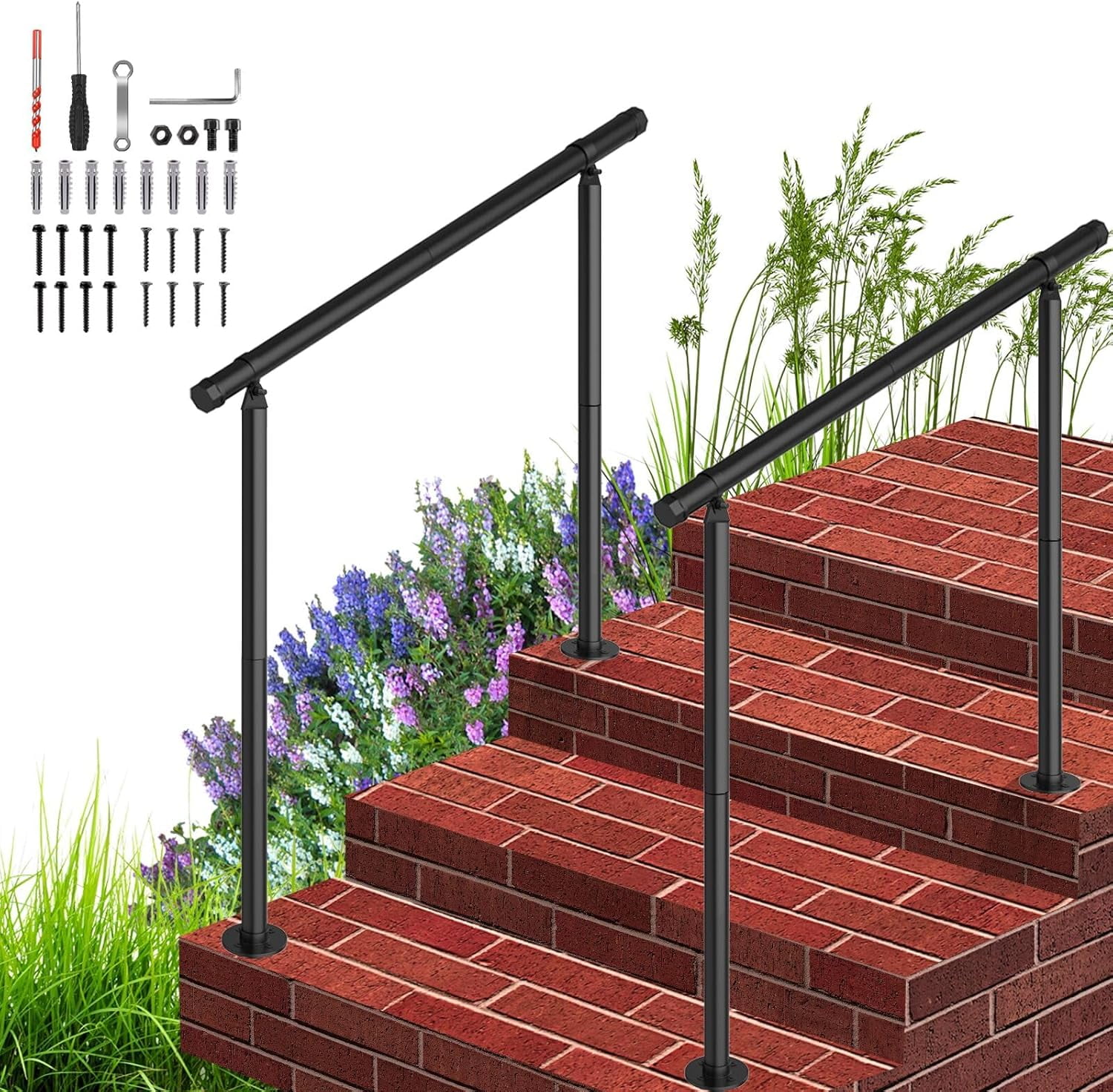 2Pack 3 Step Hand Rails for Outdoor Steps, Black Powder Coated Metal ...