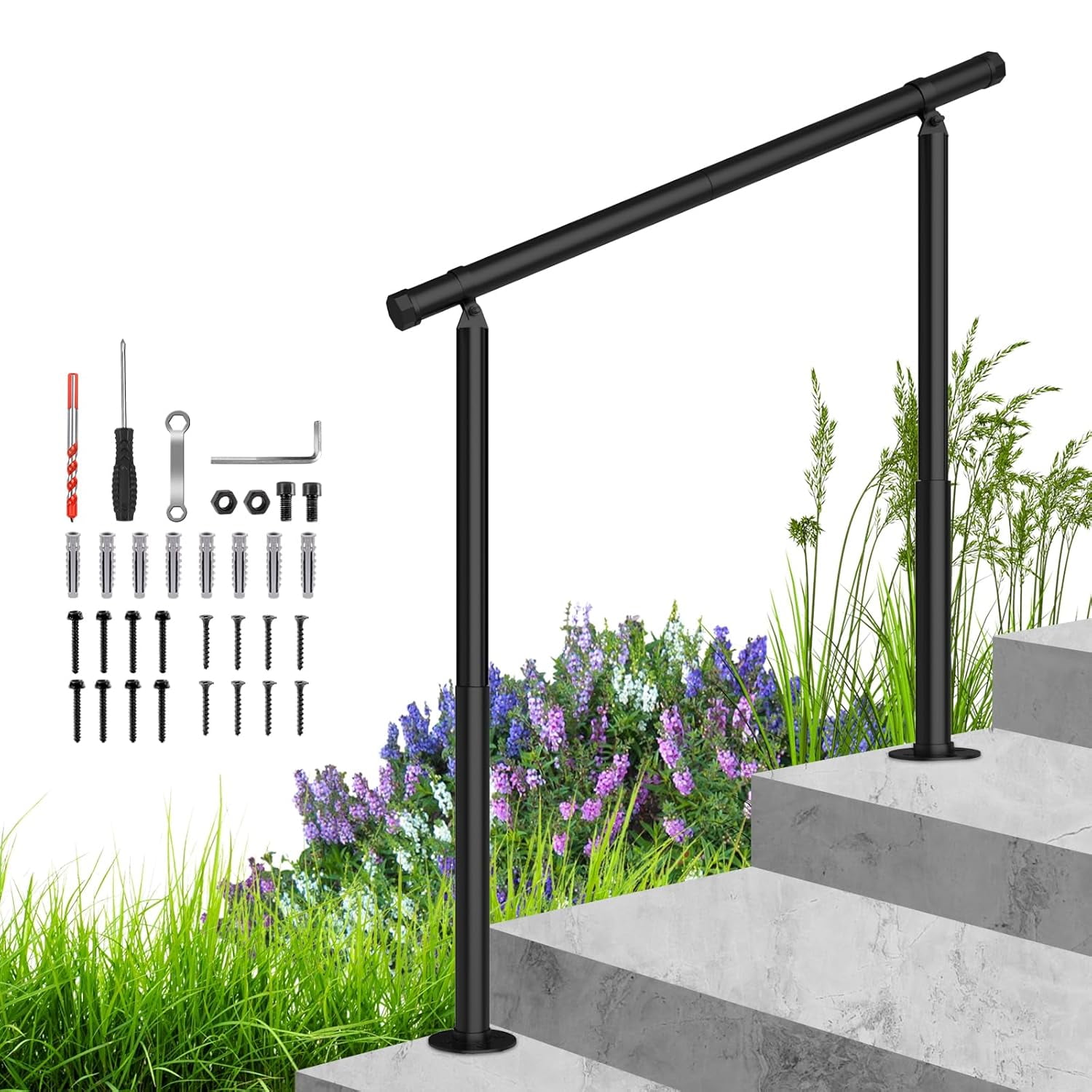 2Pack 3 Step Hand Rails for Outdoor Steps,Black Handrail Indoor Stair ...