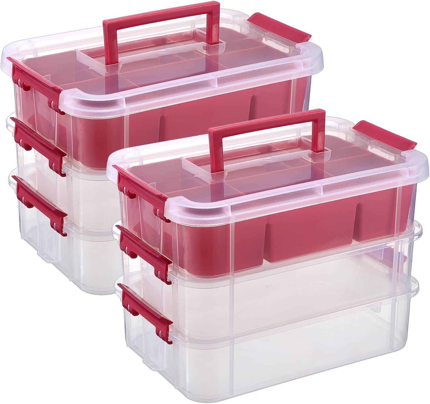 2Pack 3-Tiers Stack Carry Storage Box With Divided Tray, Transparent ...