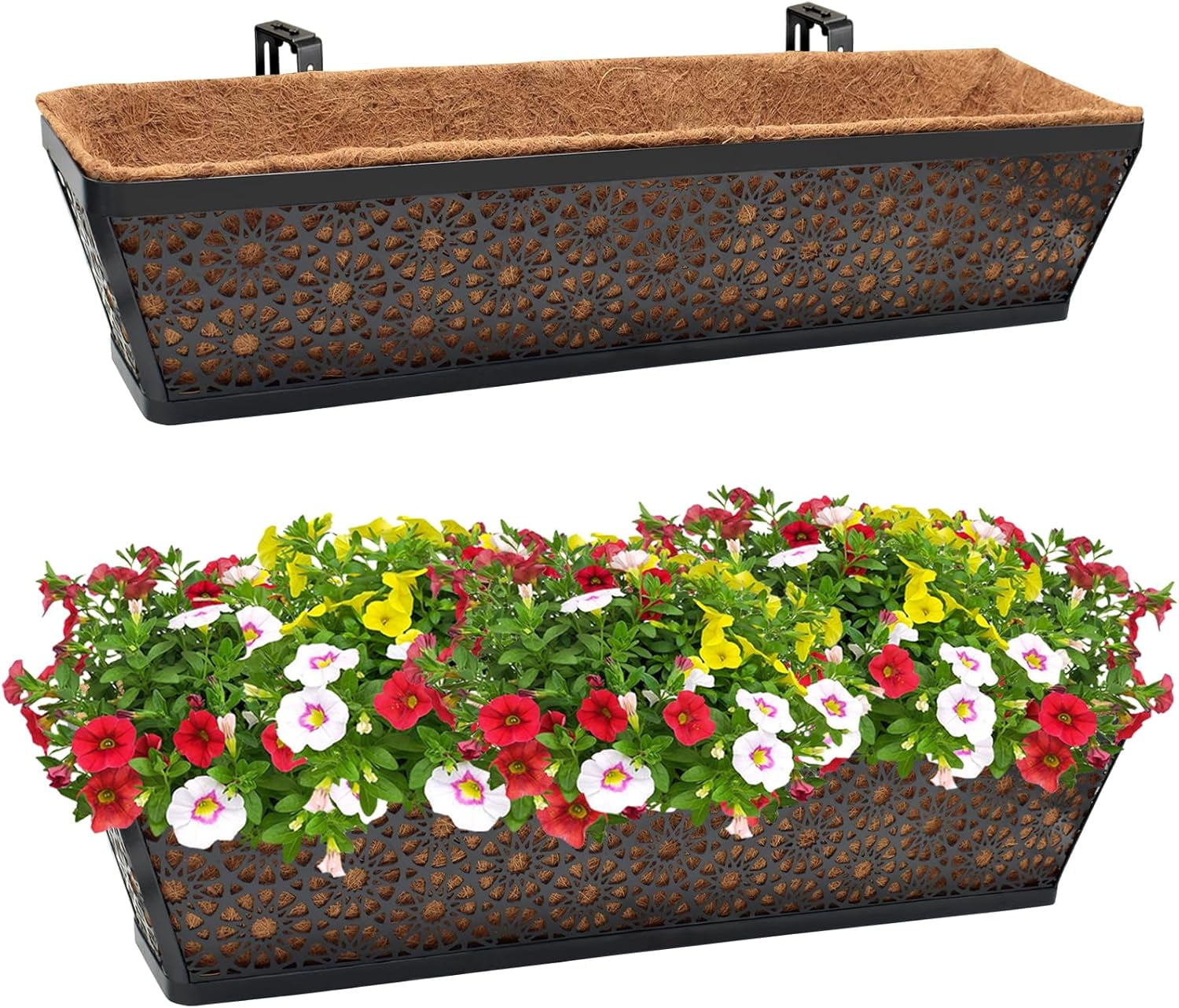 2Pack 30 Inch Window Box with Coco Liner Sturdy Metal Railing Planter ...