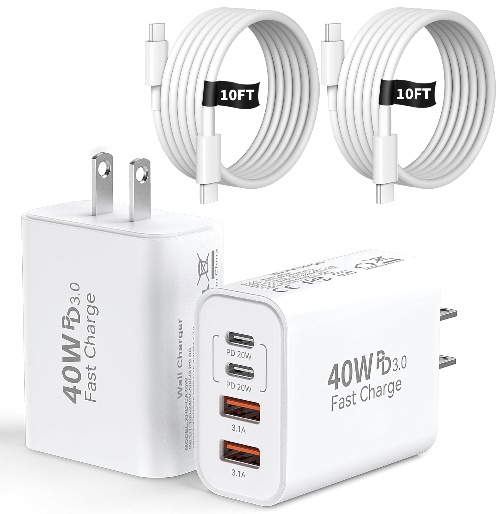 2Pack 40W USB C Charger Block with 10FT USB C to C Cable, 4 Port PD&QC ...