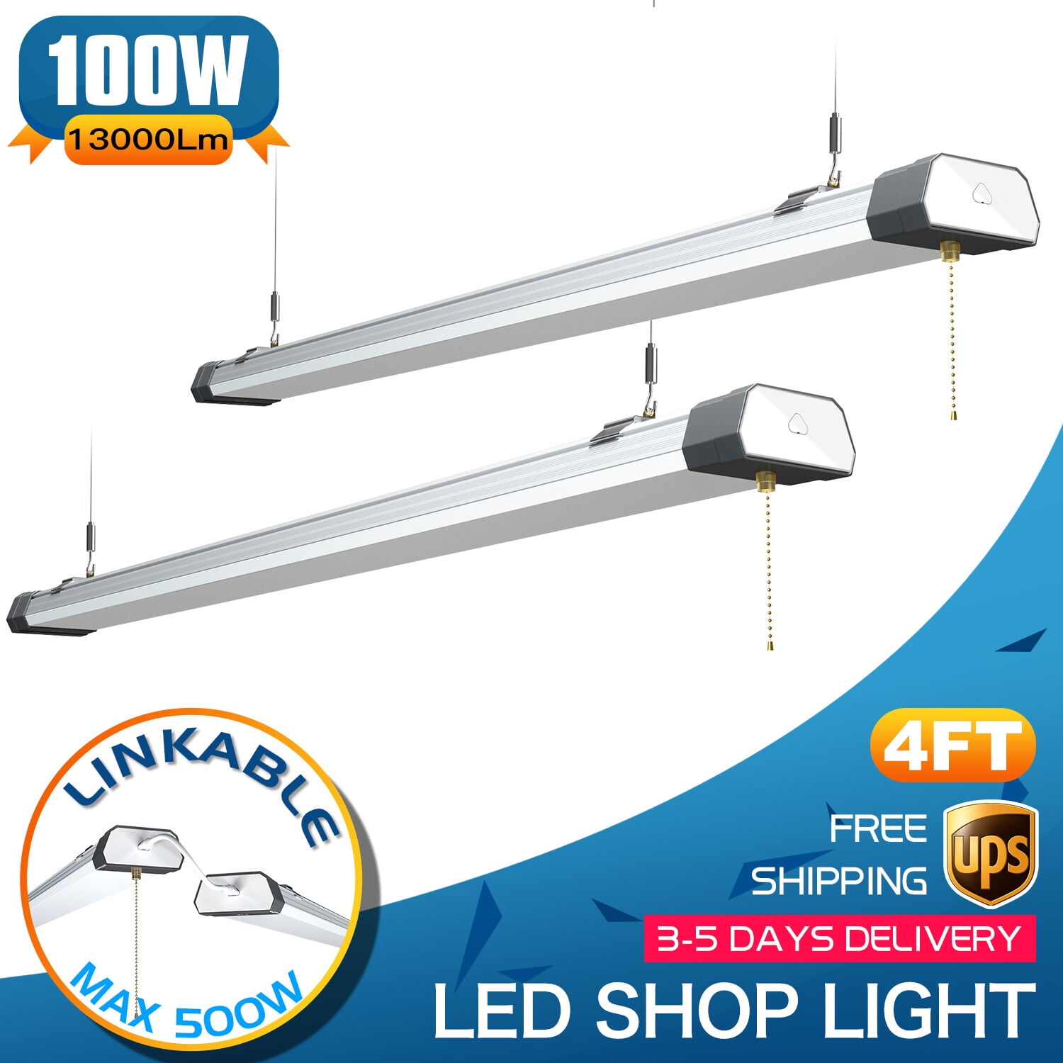 2Pack 4FT 100W LED Shop Light Linkable Garage Warehouse Workshop ...