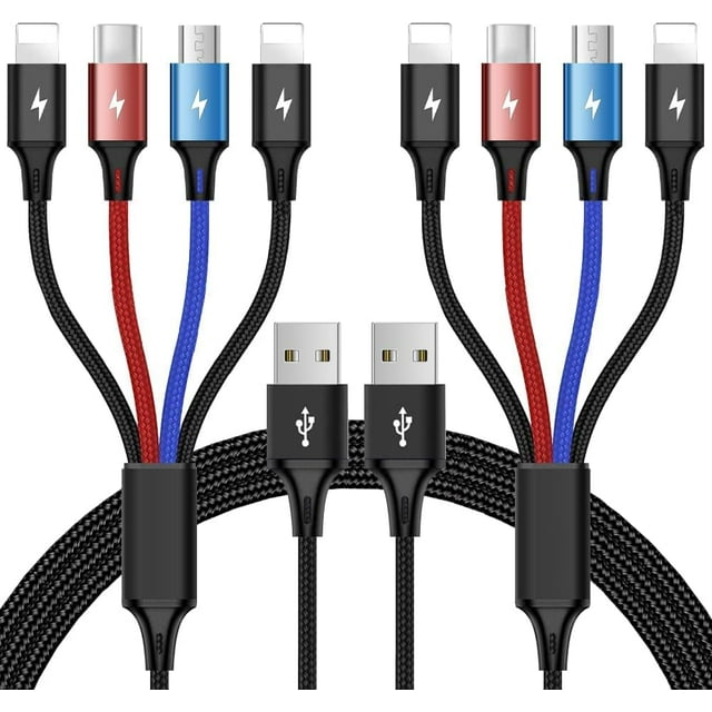 2Pack 4FT Multi Charging Cable,4 in 1 Nylon Braided Multiple USB Fast Charger Cord Adapter Type ...