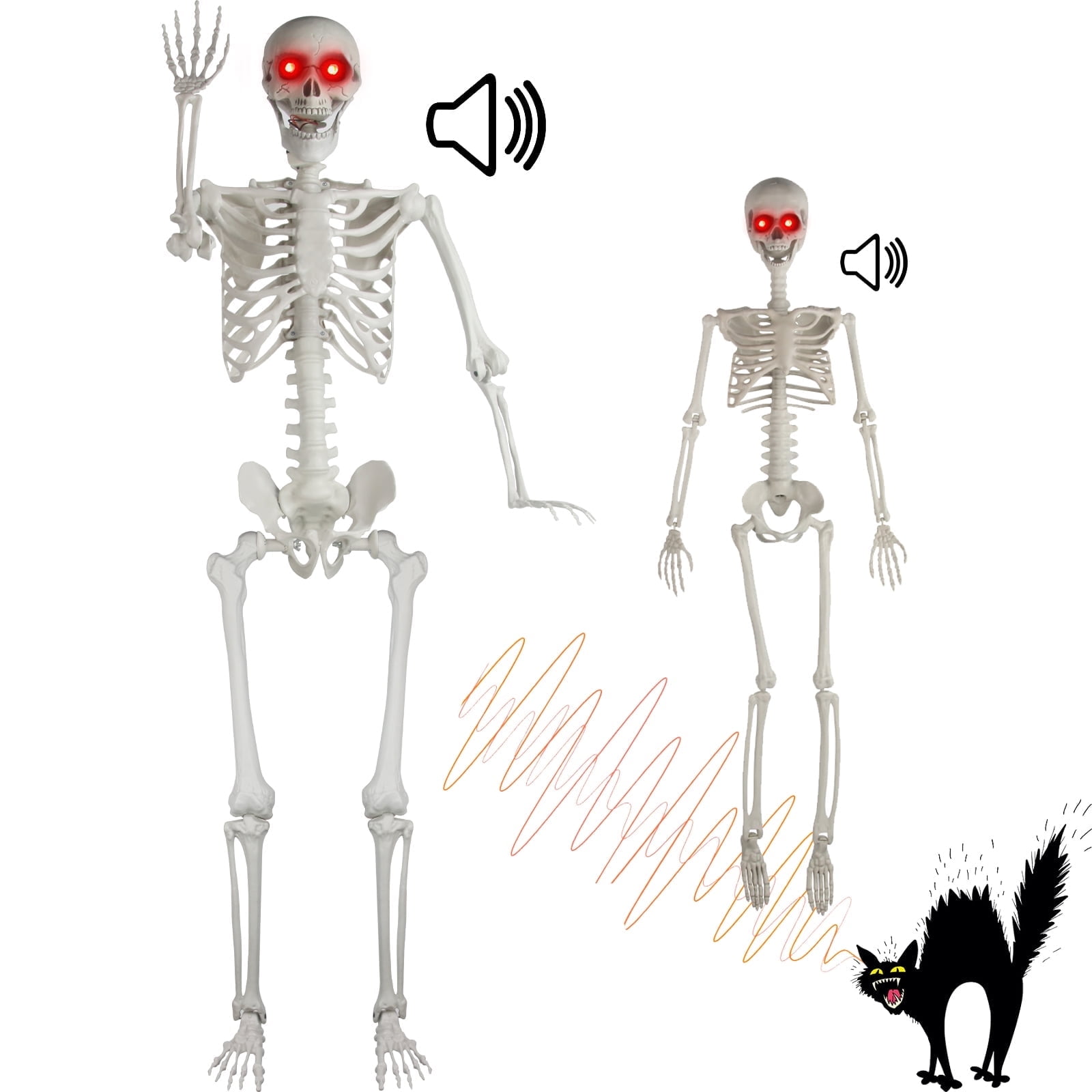 2Pack(5.5FT+3FT) Halloween Life-Size Posable Skeletons with LED Eyes ...