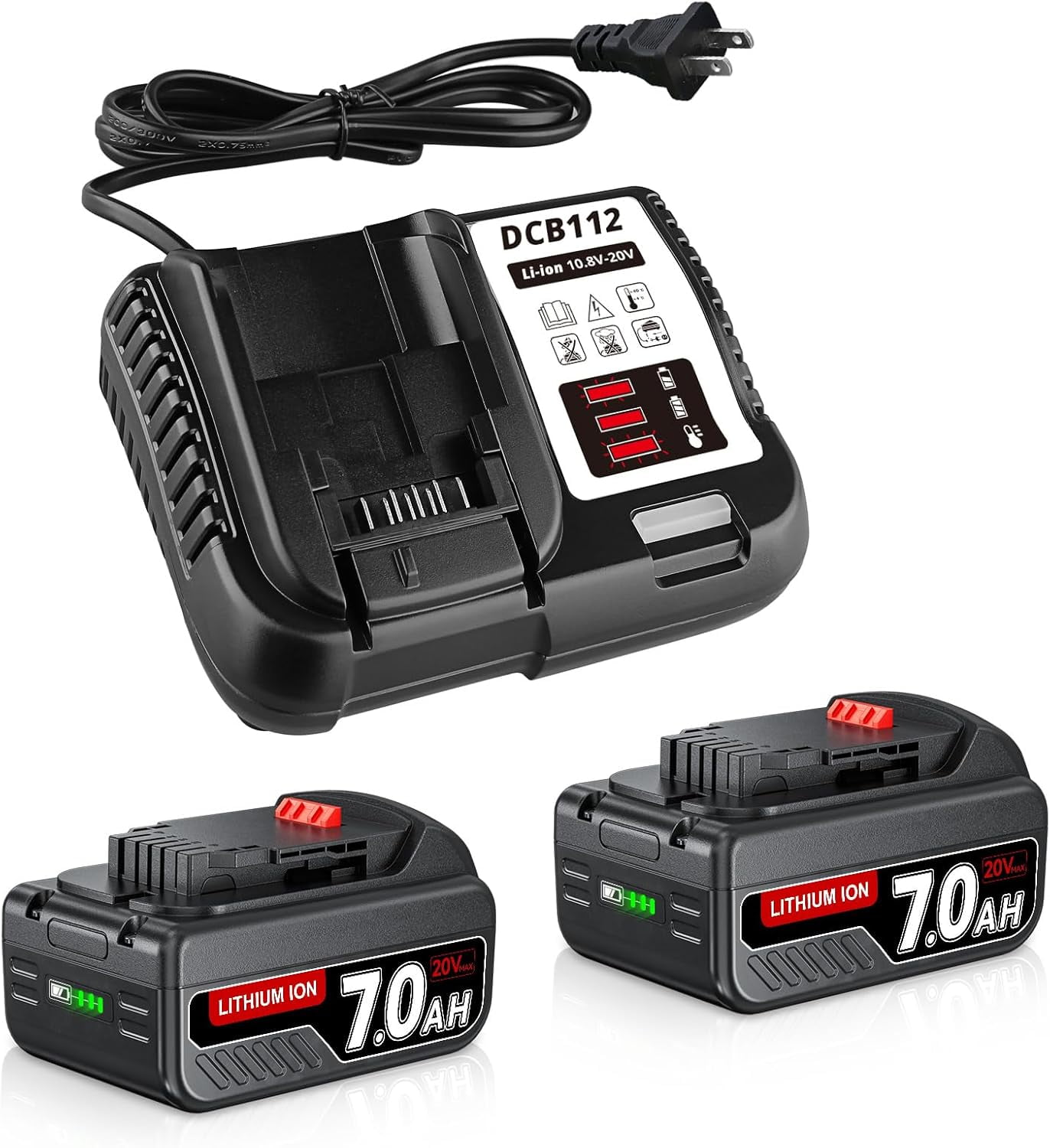 2Pack 7.0Ah 20Volt DCB200 Li-ion Batteries Replacement for Dewalt 20V and DCB112 Charger ...
