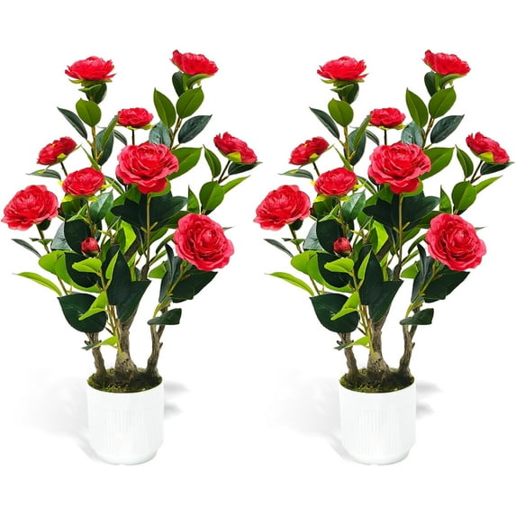 2Pack Artificial Camellia Tree, 2FT Faux Camellia Plant in Pot with Red ...