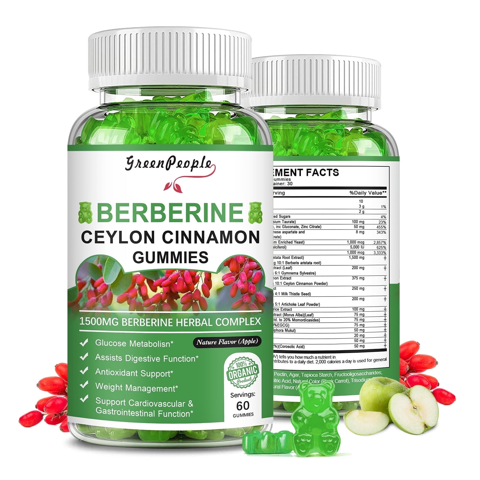 Green People Berberine Gummies, 1500mg with Ceylon Cinnamon, 120 Apple ...