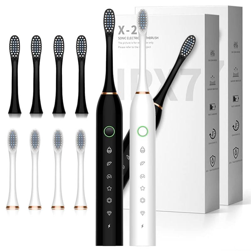 2Pack Black & White Electric Toothbrush with 8 Brush Heads, IPX7 Waterproof 6 Modes 42000vpm ...