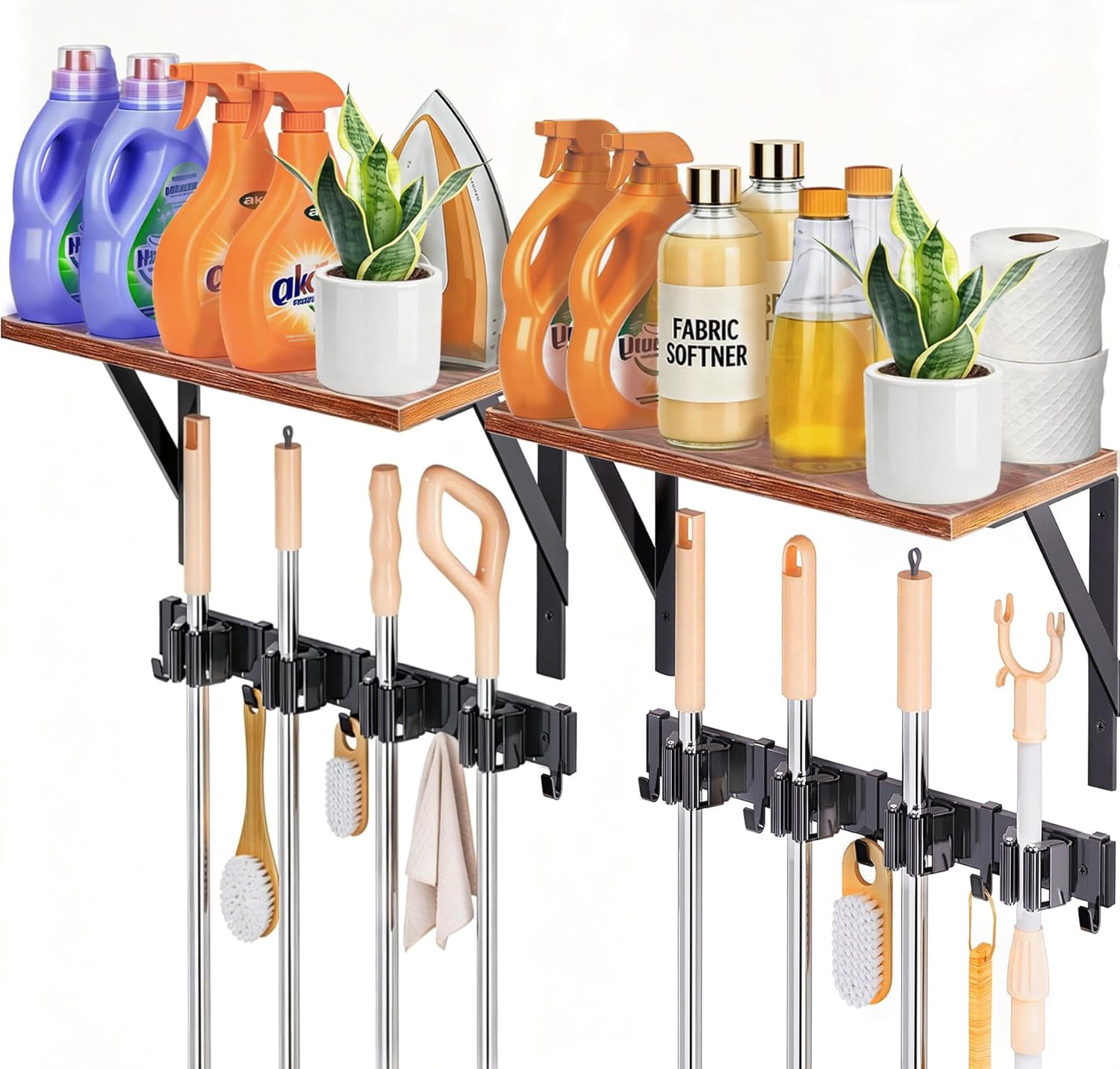2Pack Broom Holder Wall Mount with Organizer Shelf, Space-Saving Broom ...