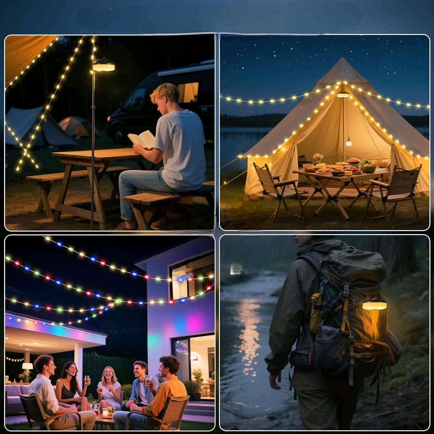 2Pack Camping String Lights, 4-in-1 Quick Storage Camp Light, 8Mode 32 ...
