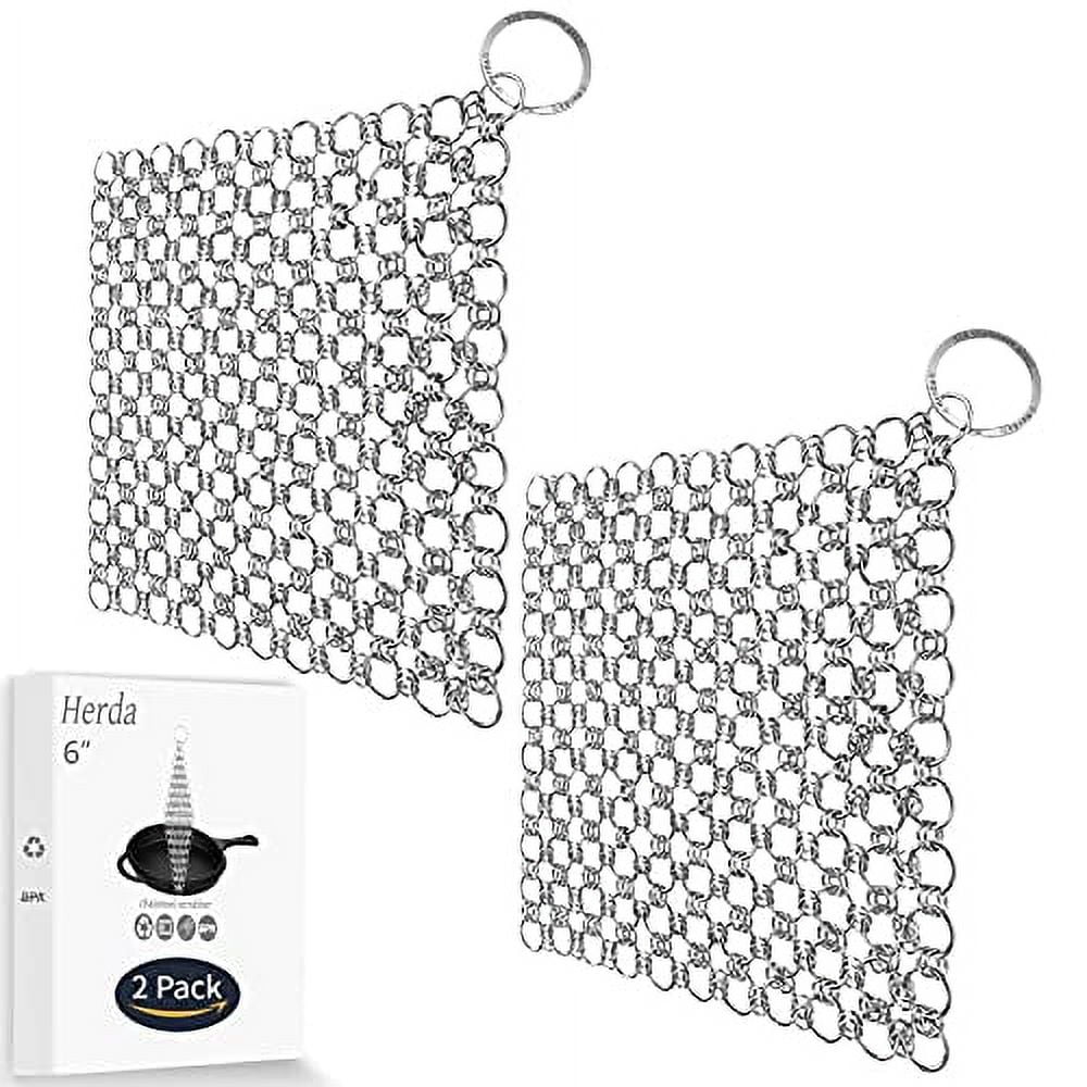 2Pack Cast Iron Cleaner Chain Mail Scrubber, 6x6" Large Skillet Scrub ...