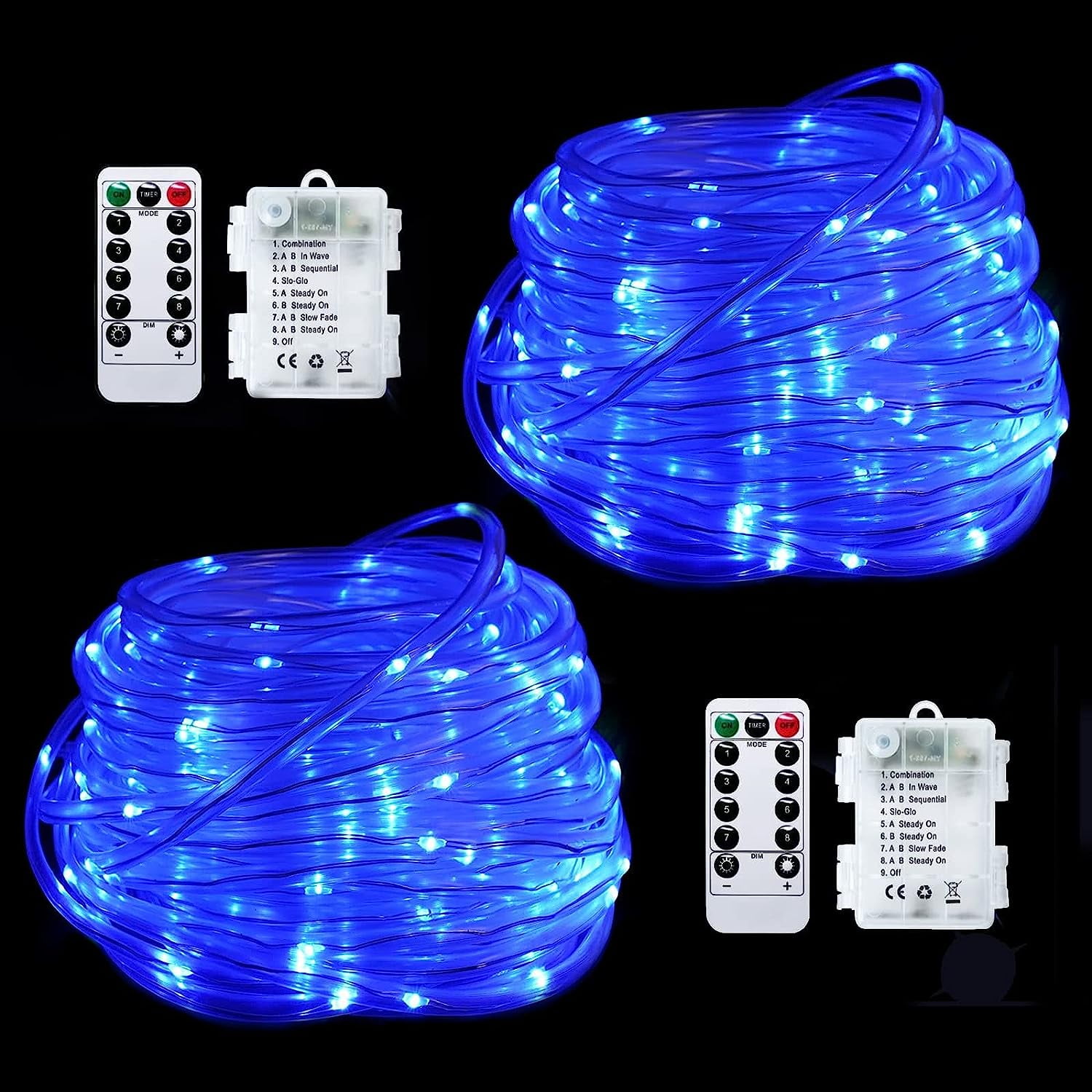 2Pack Christmas LED Rope Lights Battery Operated 40ft 100 LED String ...