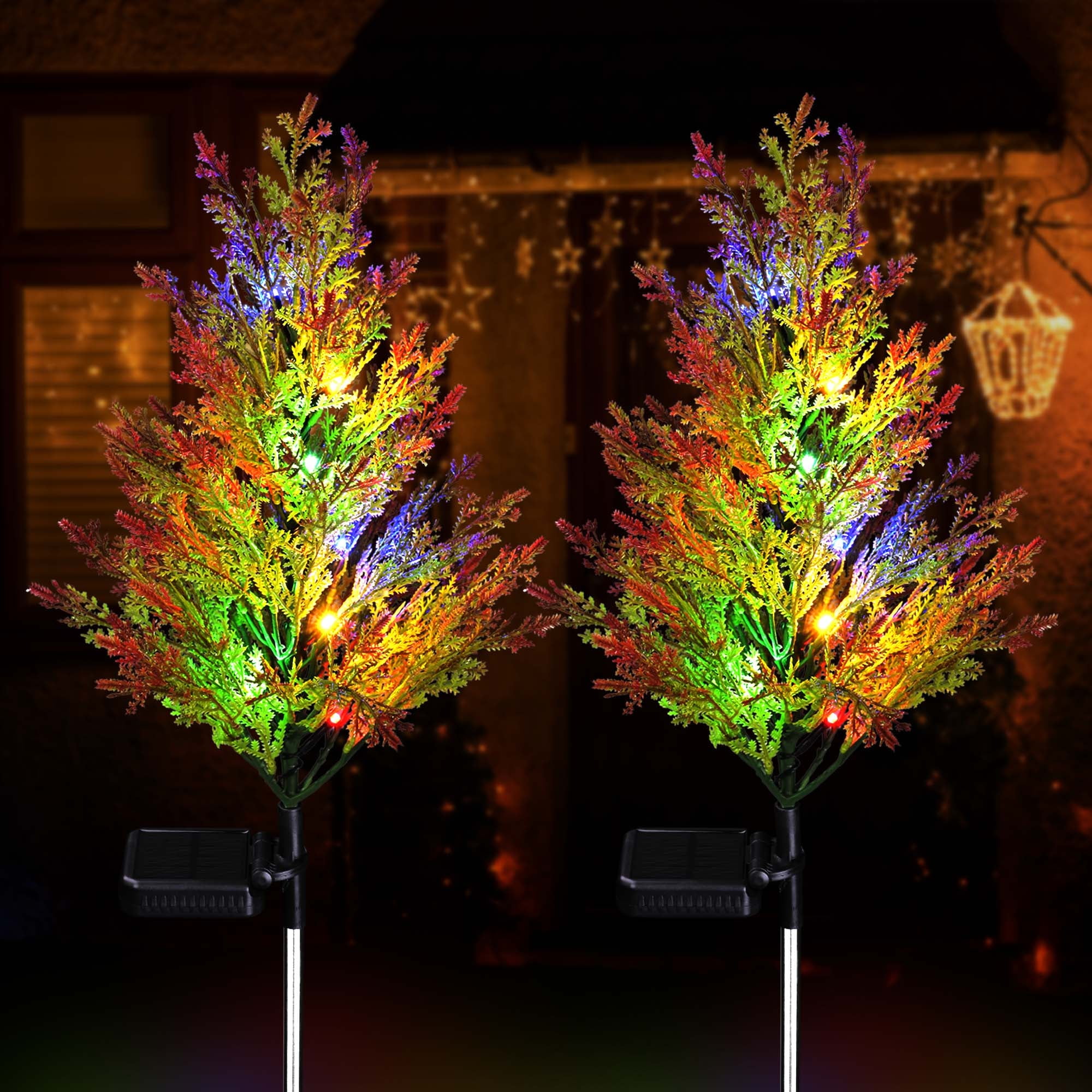 2Pack Christmas Solar Pine Tree Lights, Multi-Color LED Flickering Yard ...