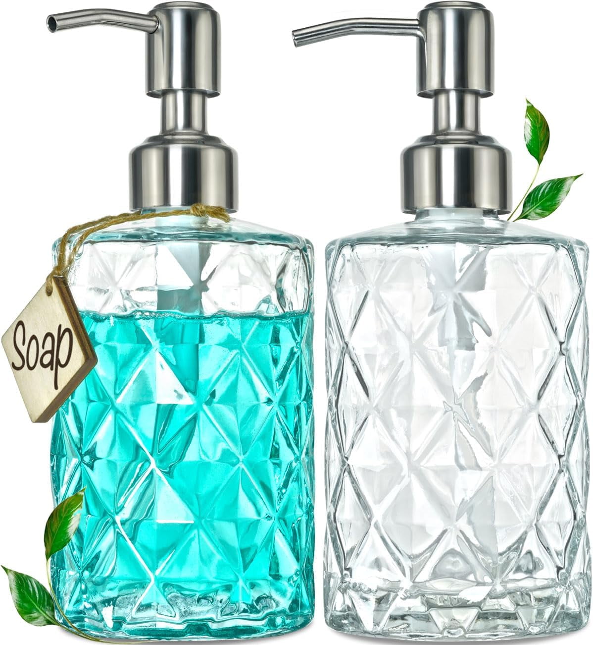 2Pack Diamond Embossed Glass Soap Dispenser with 304 Rustproof ...