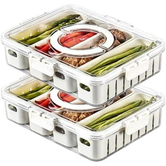 2Pack Divided Snackle Box with Lids Stackable Food Serving Tray for Fruit&Veggie Plastic Fridge ...