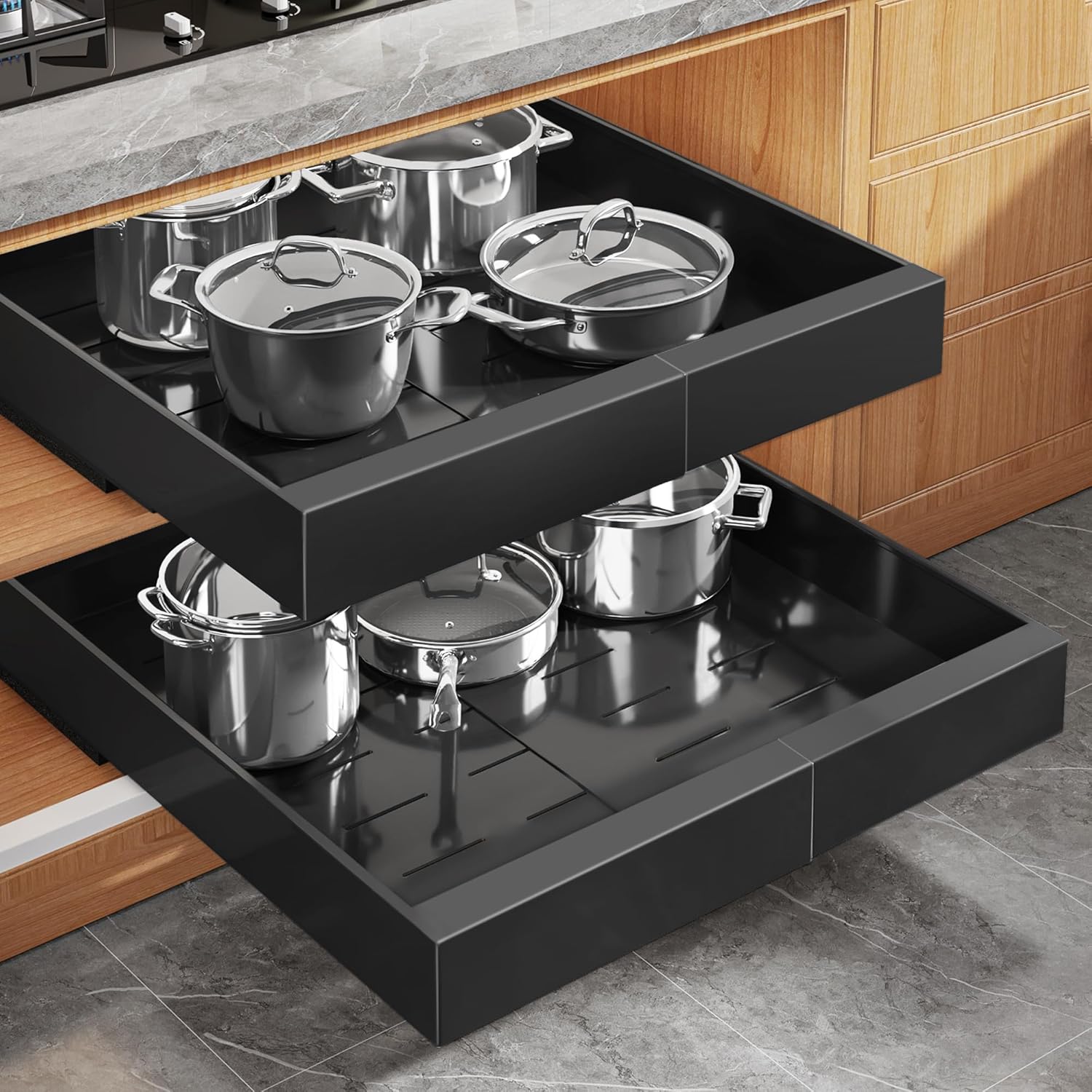 2Pack Expandable Pull Out Cabinet Organizer 21"Deep With Raising Pad ...