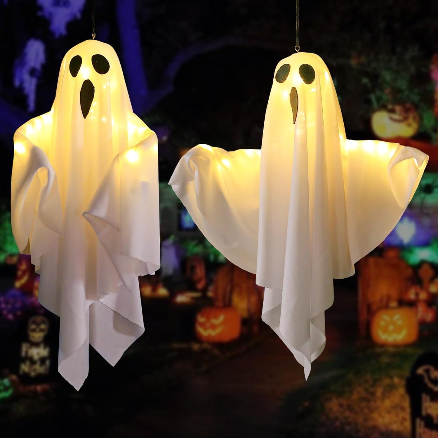 2Pack Halloween Decorations 19.6" Hanging Ghosts Light Up Kit Decor Warm LED Ghost Light Indoor ...