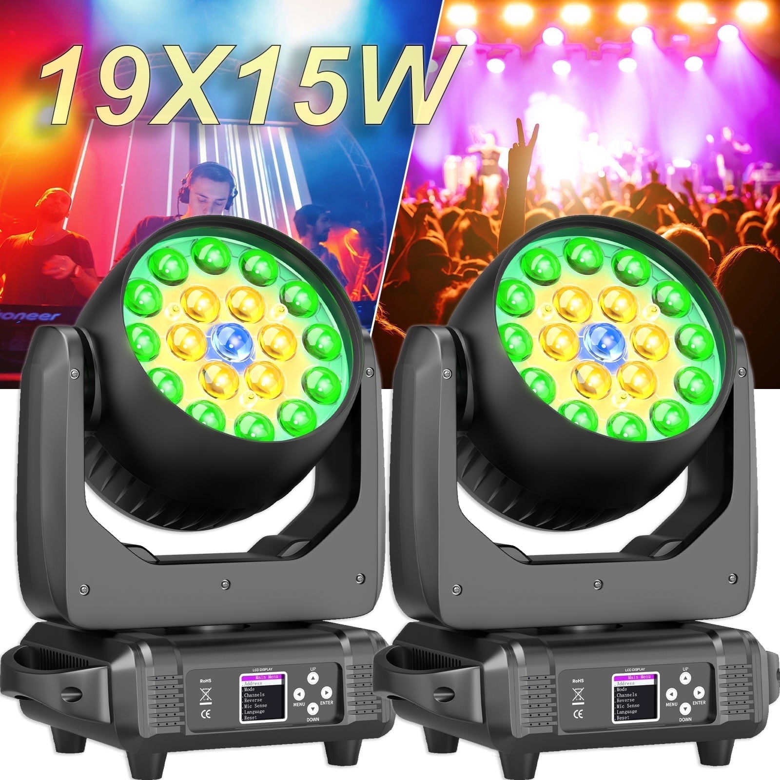 2Pack LED 19x15w RGBW 4 in1 8500K Moving Head Wash Beam Light,Sound ...