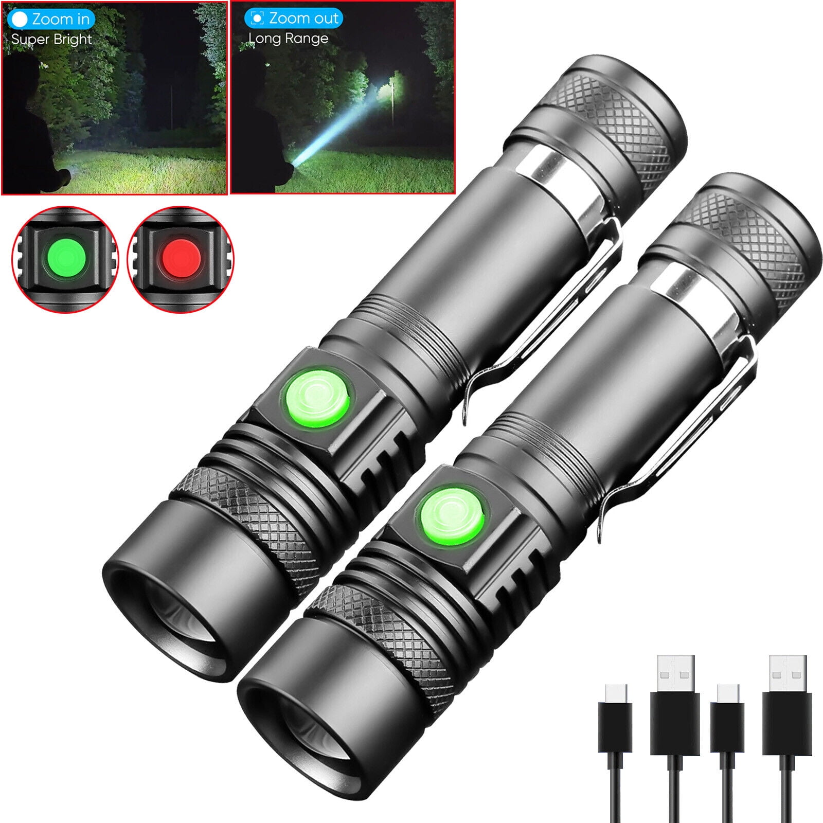 2Pack LED Flashlight Rechargeable Flashlights 2000 Lumens Super Bright ...