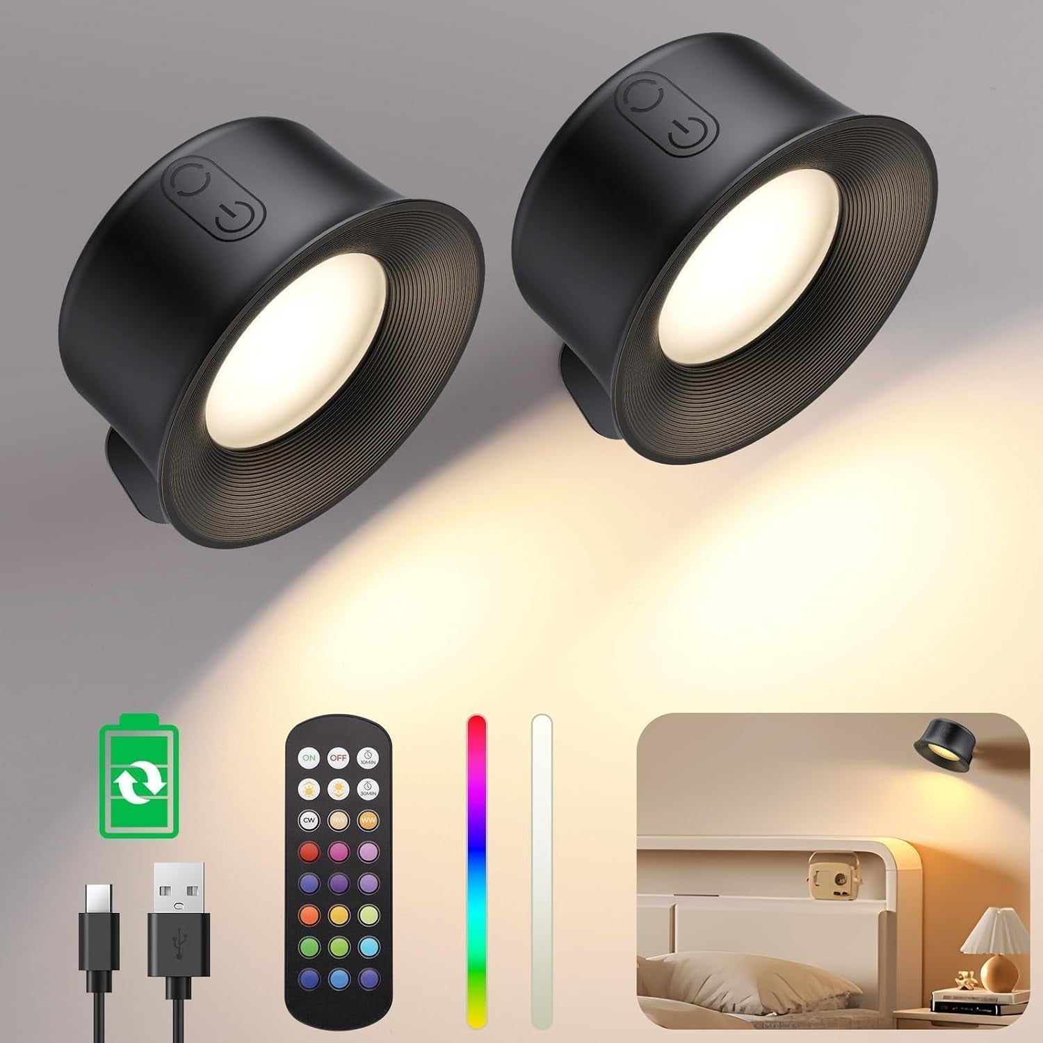 2Pack LED Rechargeable Wall Lights,Adhesive Magnetic Wireless Wall ...