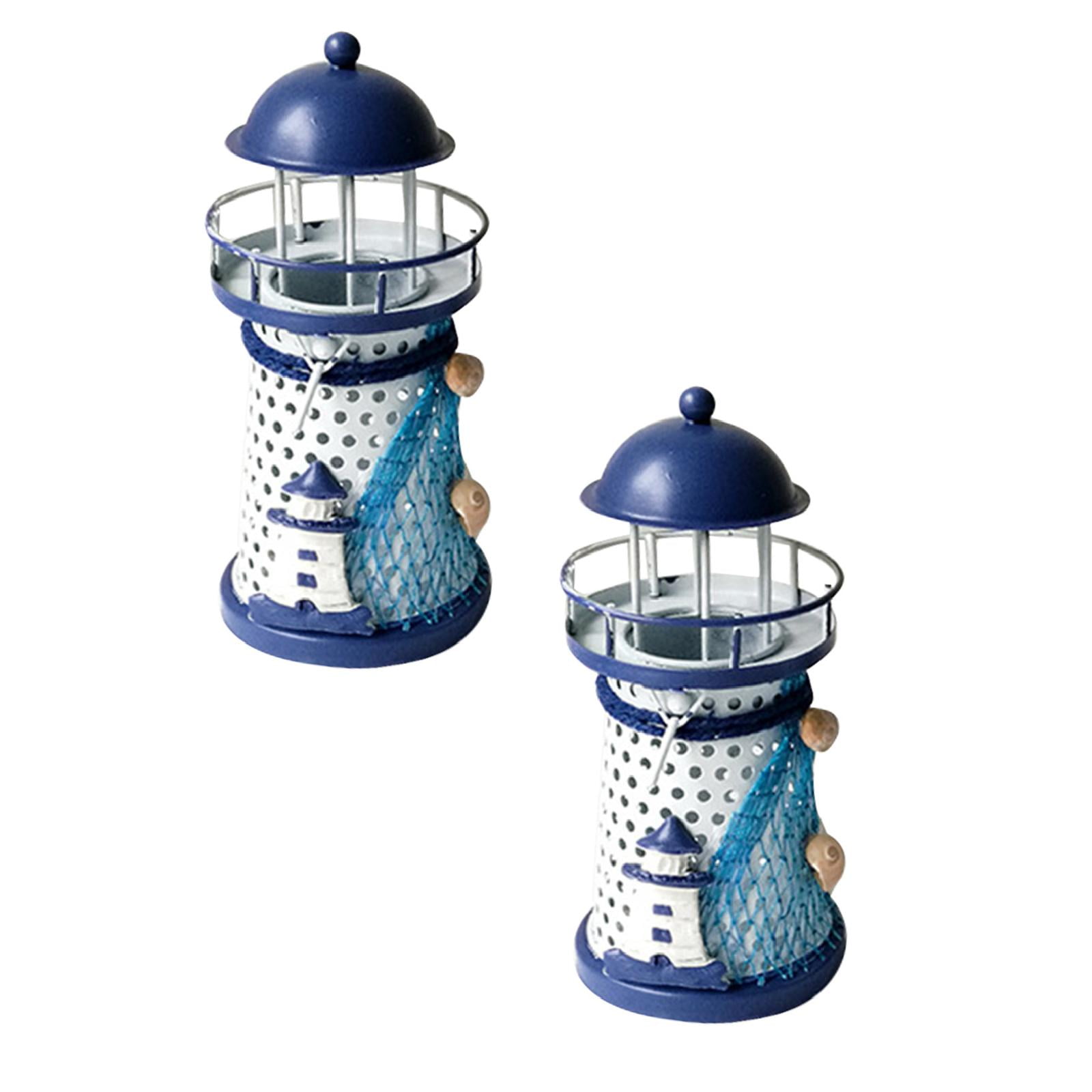 2Pack Mediterranean Lighthouse Iron Candle Candlestick Blue White Home ...