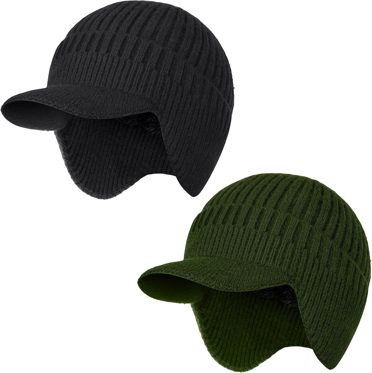 2Pack Men&Women Winter Warm Fleece-Lined Knit Beanie Hats with Visor ...
