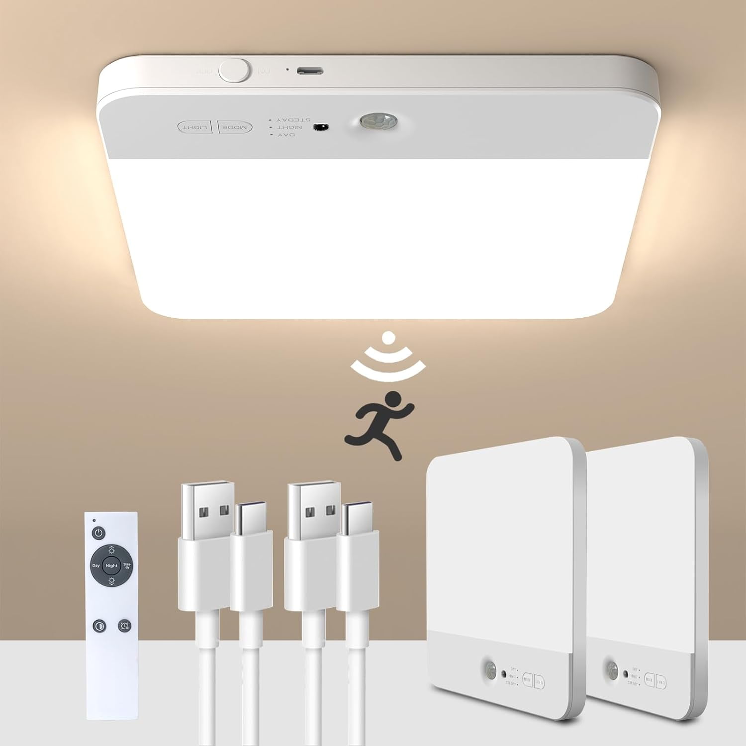 2Pack Motion Sensor Rechargeable Ceiling Light with Remote, Cordless ...
