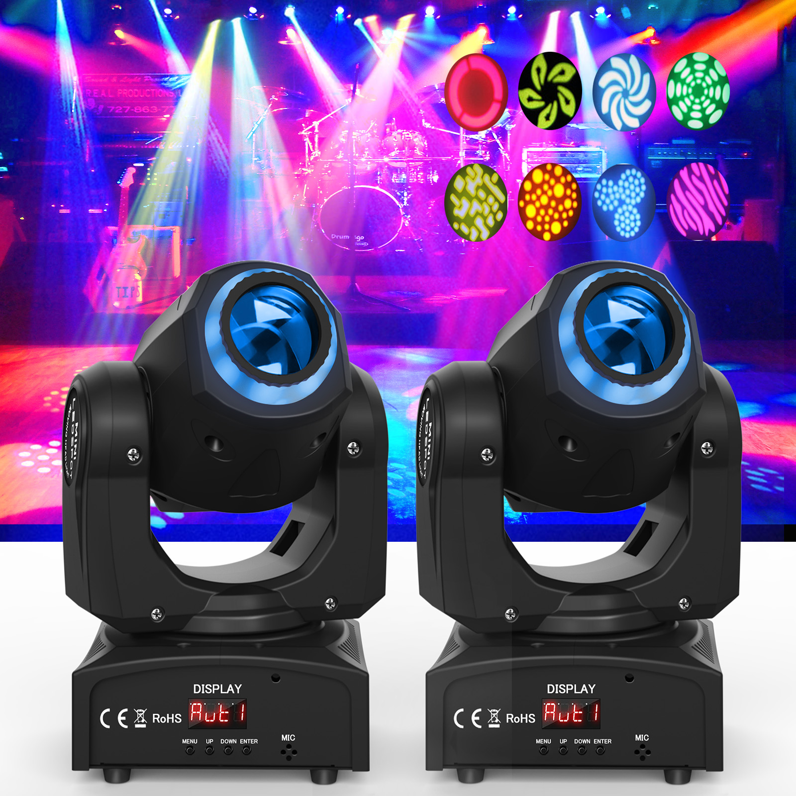2Pack Moving Head LED DJ Party Light, RGBW 8 Pattern Shake Disco Light ...