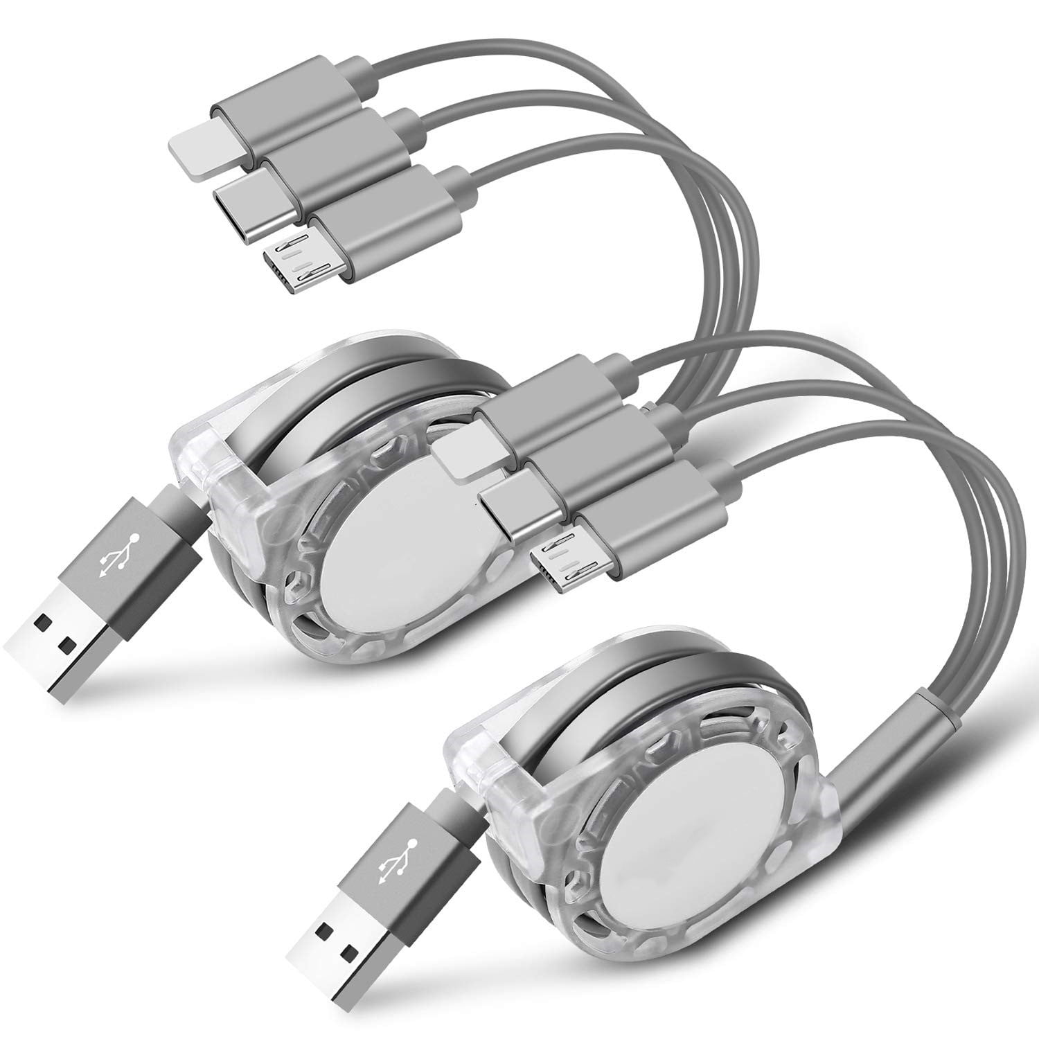 2pack Multi Usb Charger Cable Retractable 3 In 1 Multiple Charging Cord