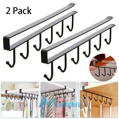 2Pack Nail Free 6 Hook Mug Holder Under Shelf Mug Coffee Cup Towel Rack ...