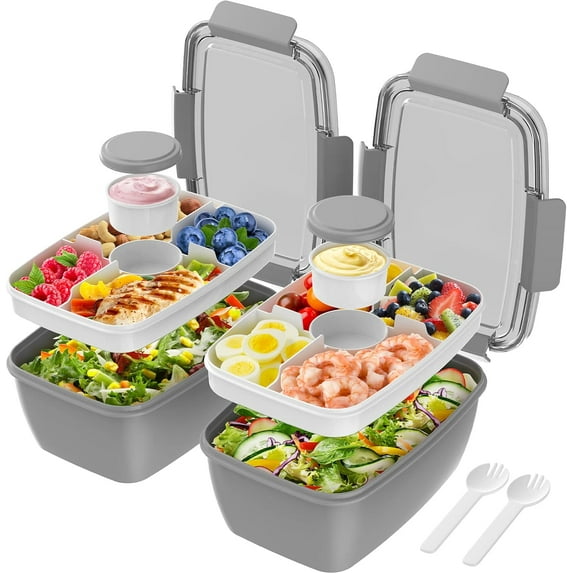 2Pack Salad Lunch Container, 68oz Bowls with 4 Compartments Tray,Leak ...