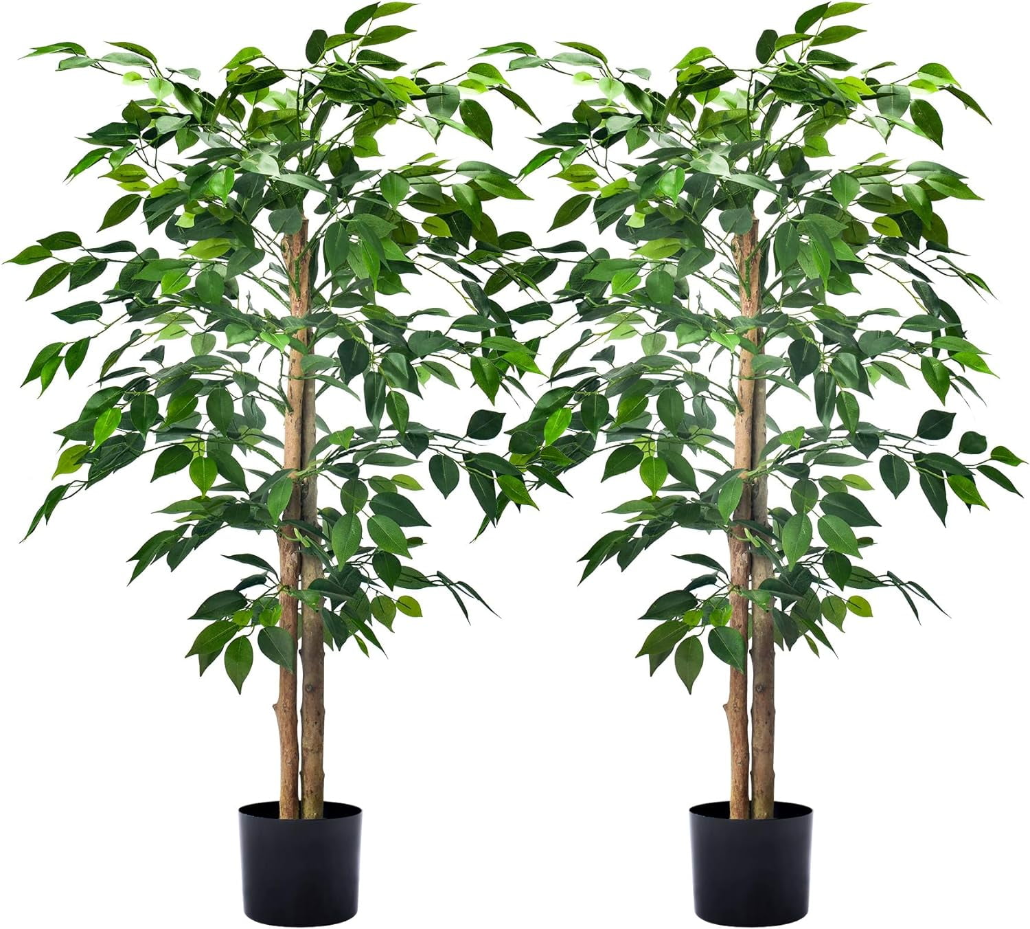 2Packs 4FT Artificial Ficus Trees with Realistic Leaves and Natural ...