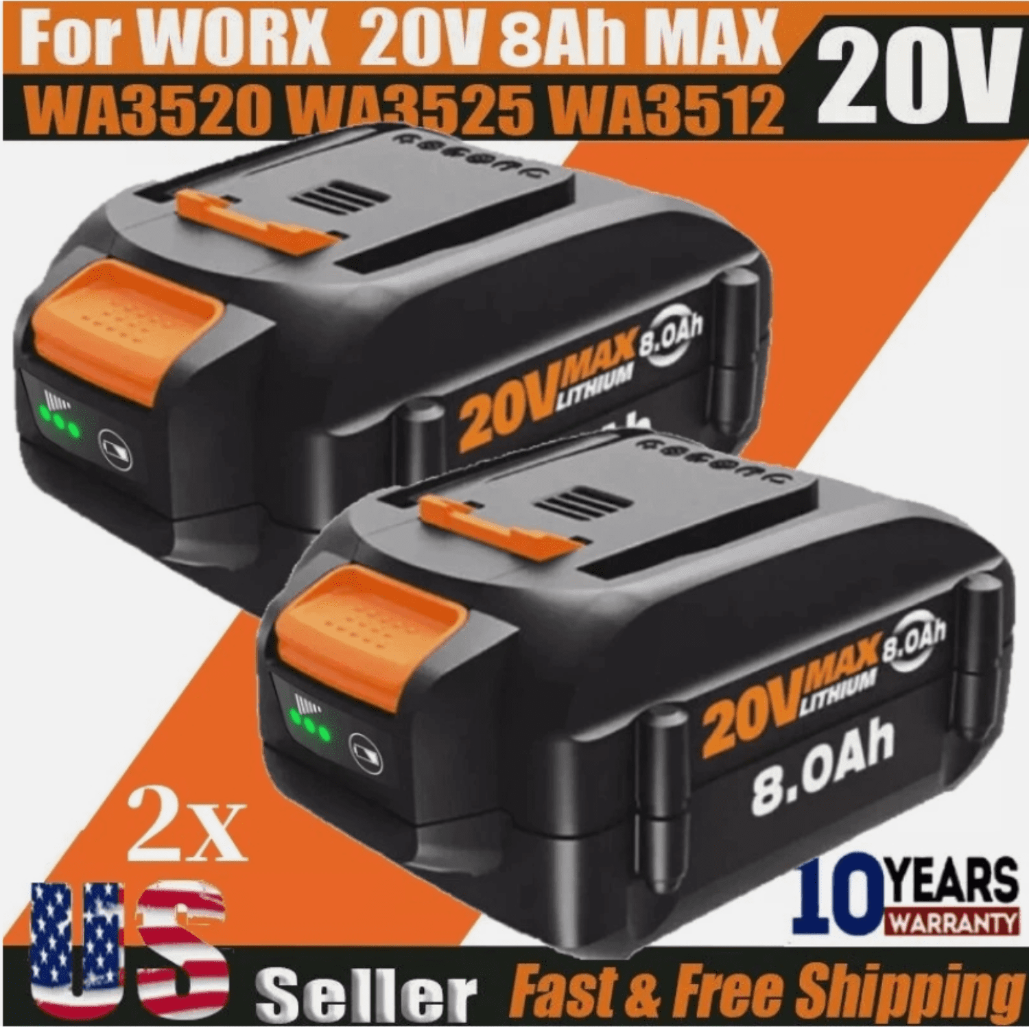 【2Packs】8.0Ah 20V Replace Battery for Worx 20V Battery Compatible with ...