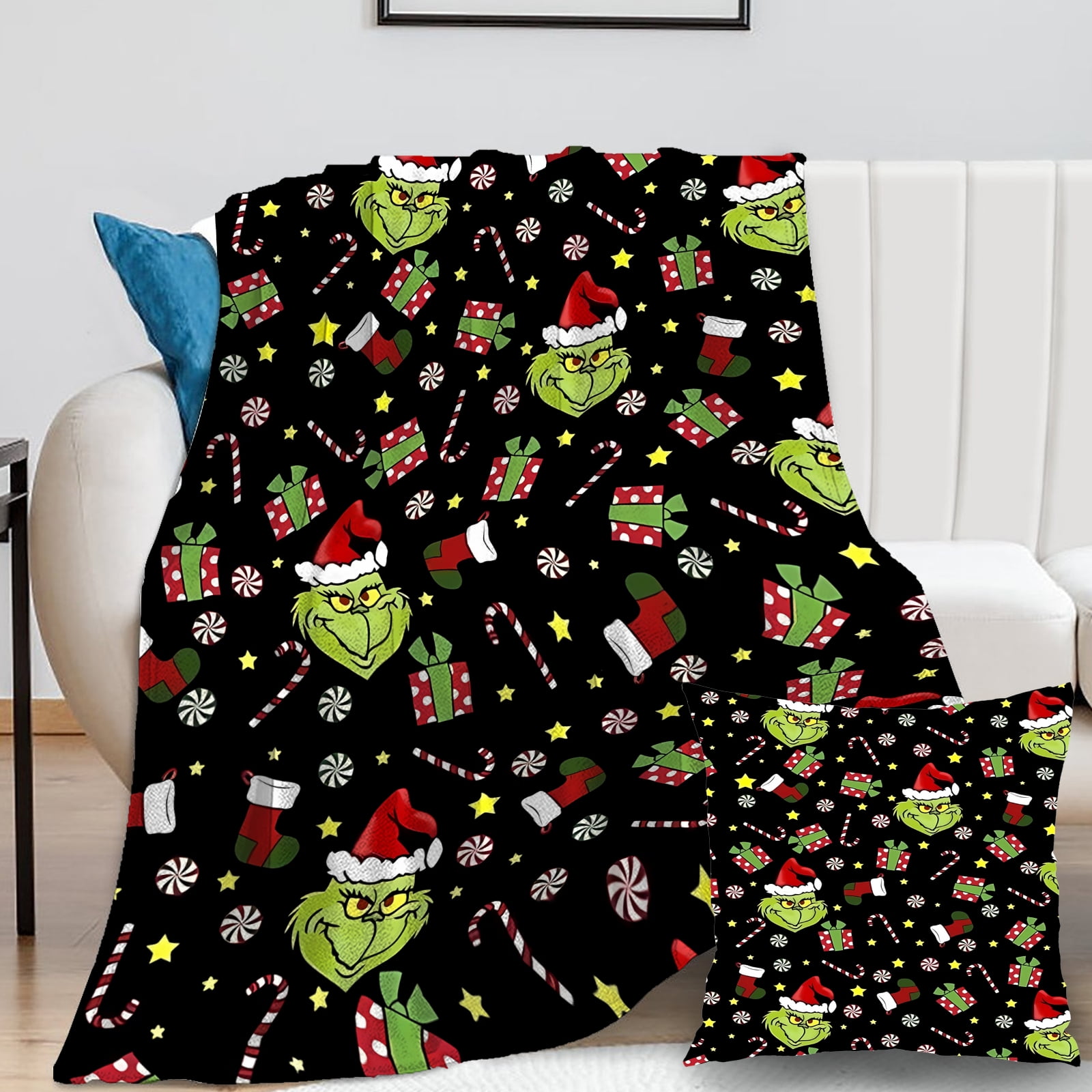 2Packs Grinch Blanket with Grinch Pillow Case Breathable Fleece ...