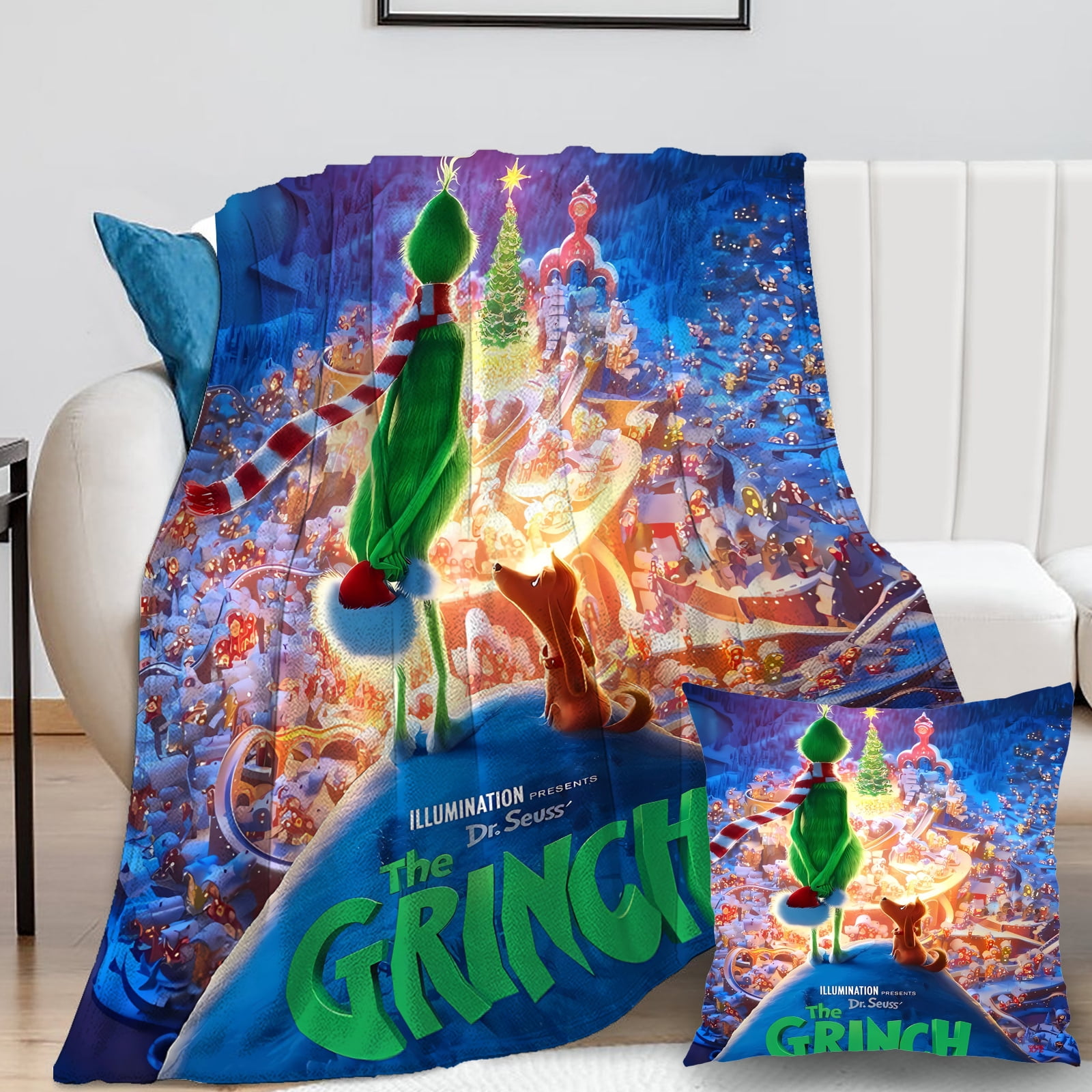 2Packs/Set Grinch Blanket with Grinch Pillow Case Thin Microfiber Teens ...